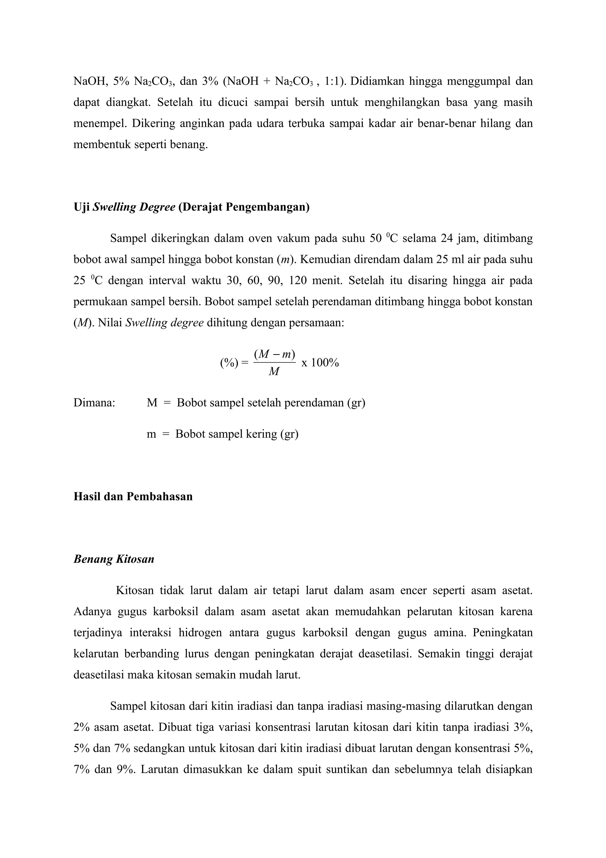 KARAKTERSTIK SIFAT SWELLING BENANG KHITOSAN DARI KHITIN IRADIASI | DOC