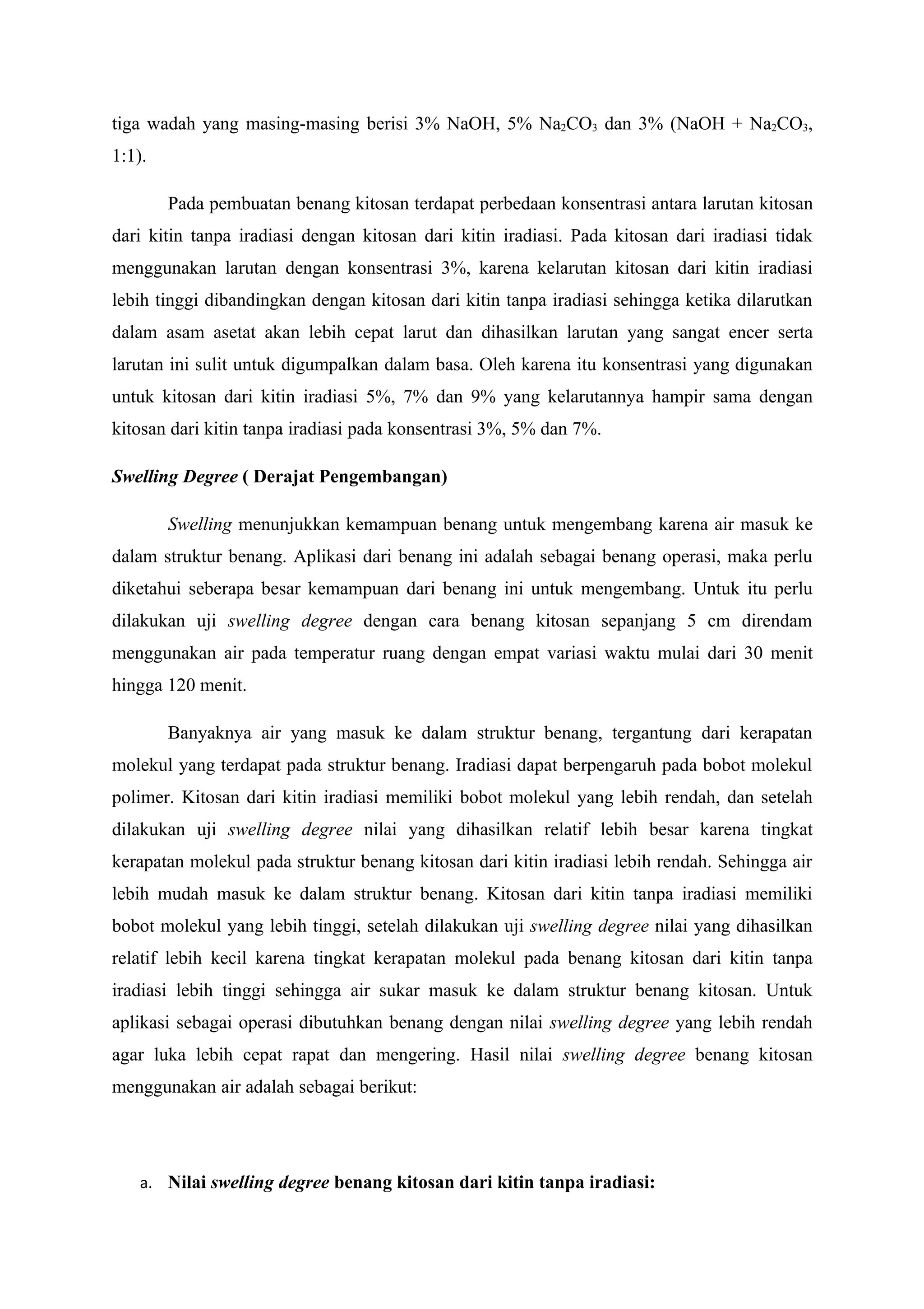 KARAKTERSTIK SIFAT SWELLING BENANG KHITOSAN DARI KHITIN IRADIASI | DOC