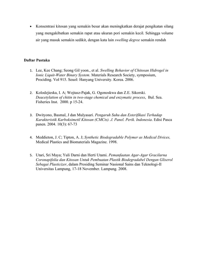 KARAKTERSTIK SIFAT SWELLING BENANG KHITOSAN DARI KHITIN IRADIASI | DOC