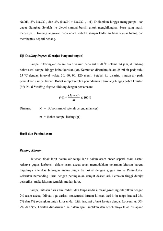KARAKTERSTIK SIFAT SWELLING BENANG KHITOSAN DARI KHITIN IRADIASI | DOC