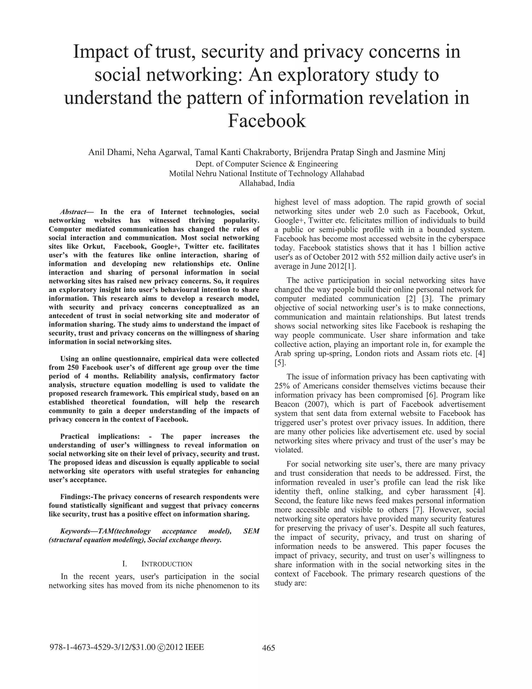 Impact of trust, security and privacy concerns in social networking: An exploratory study to ...