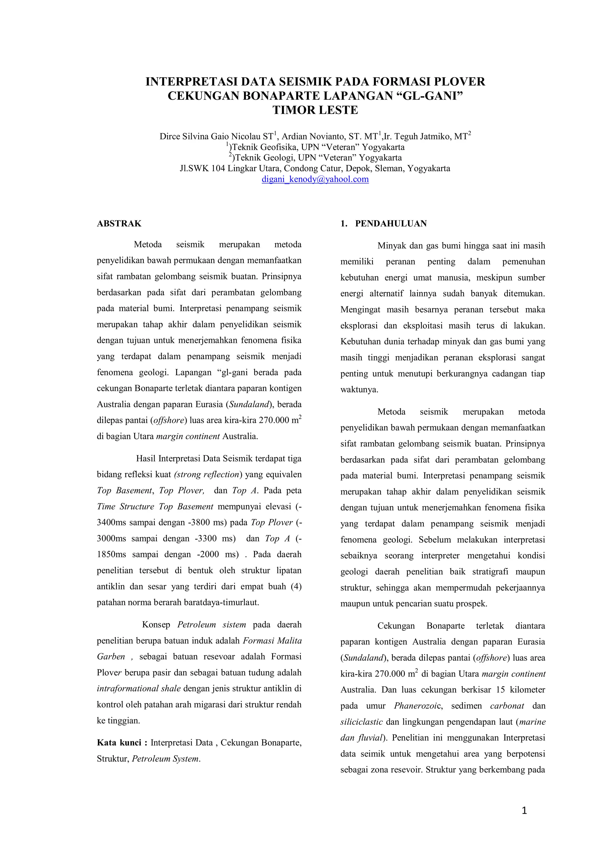 INTERPRETASI DATA SEISMIK PADA FORMASI PLOVER CEKUNGAN BONAPARTE | PDF