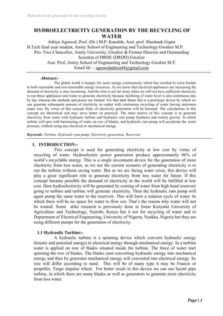 HYDROELECTRICITY GENERATION BY THE RECYCLING OF WATER | PDF