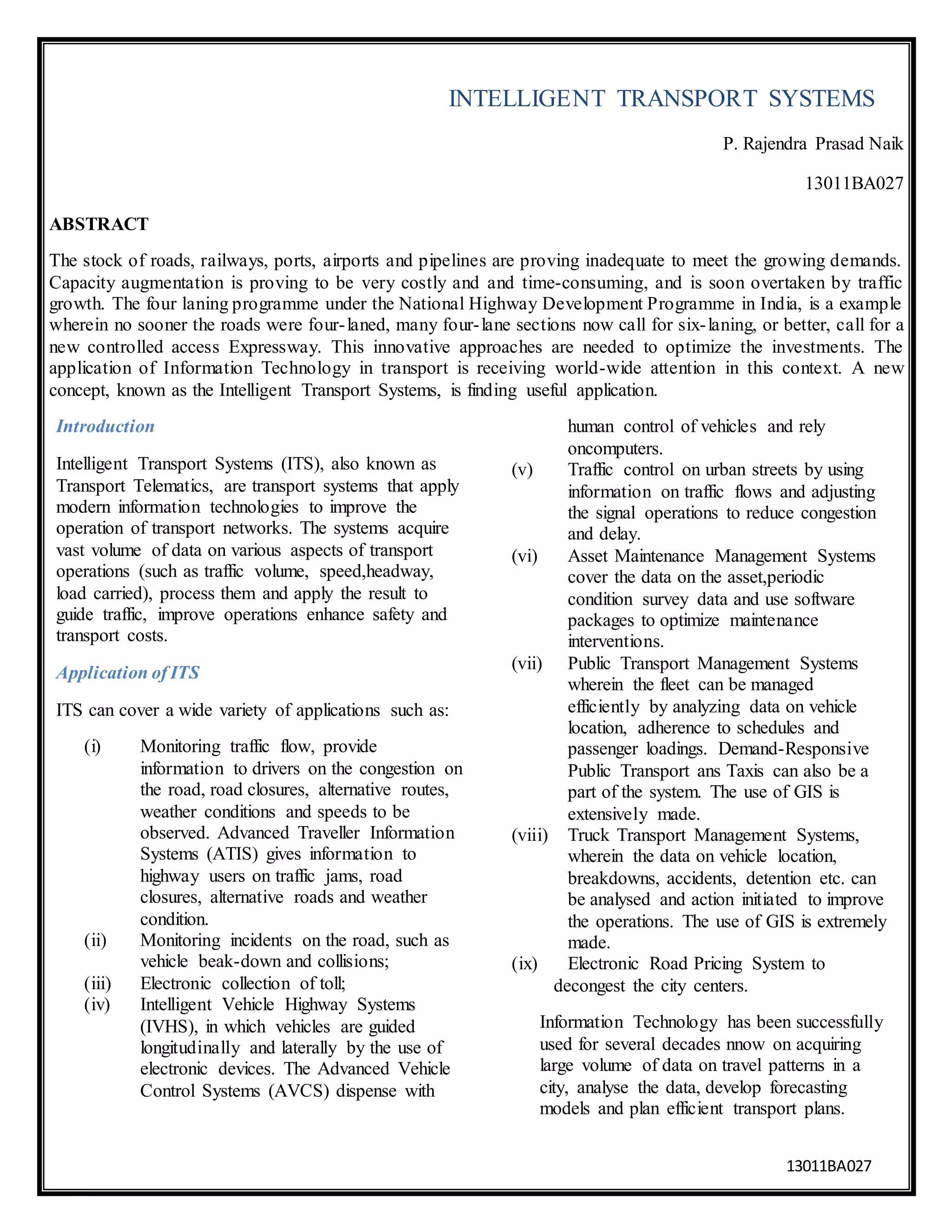 Intelligent Transport System | DOCX