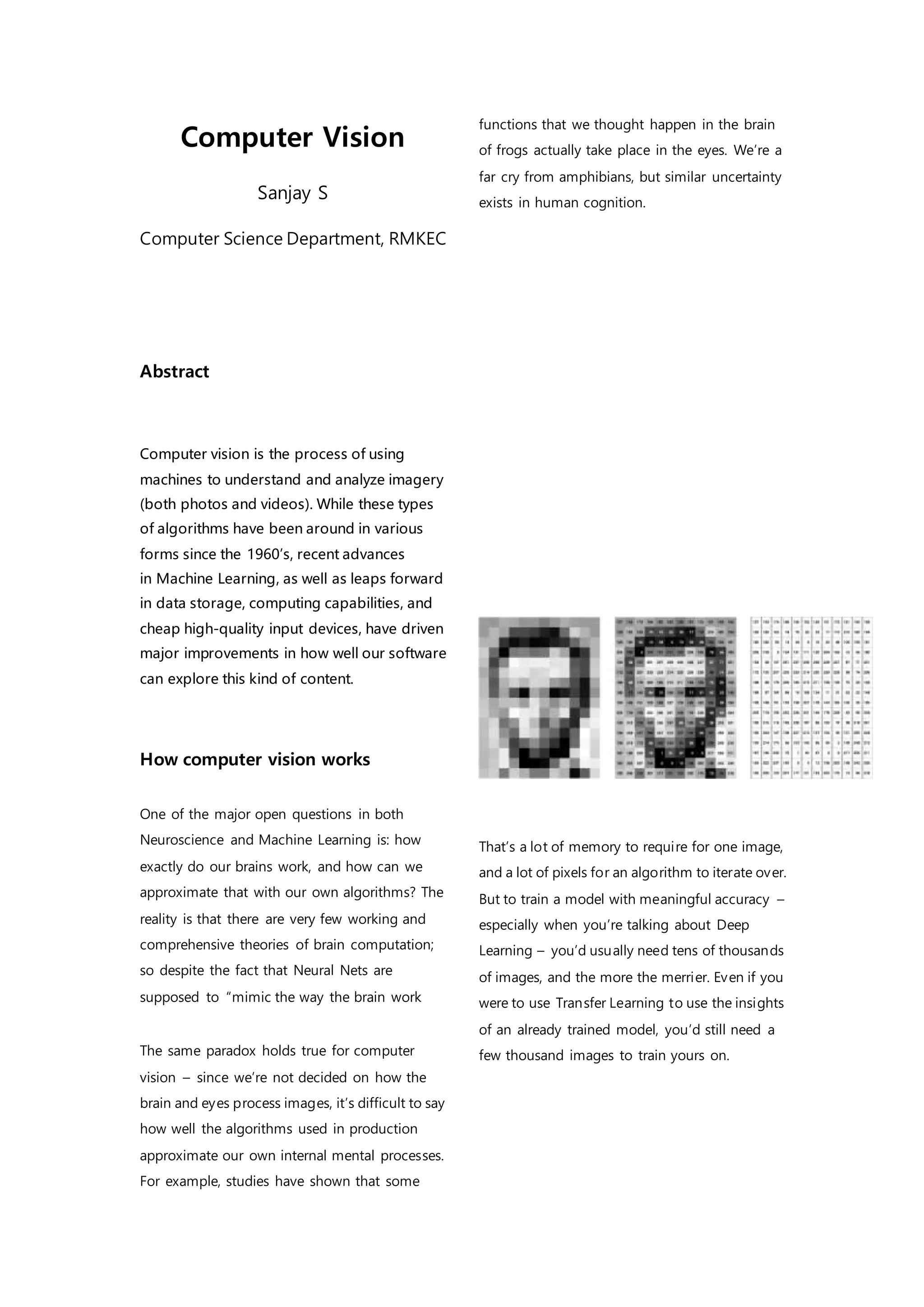 Paper on Computer Vision | DOCX | Artificial Intelligence | Technology ...