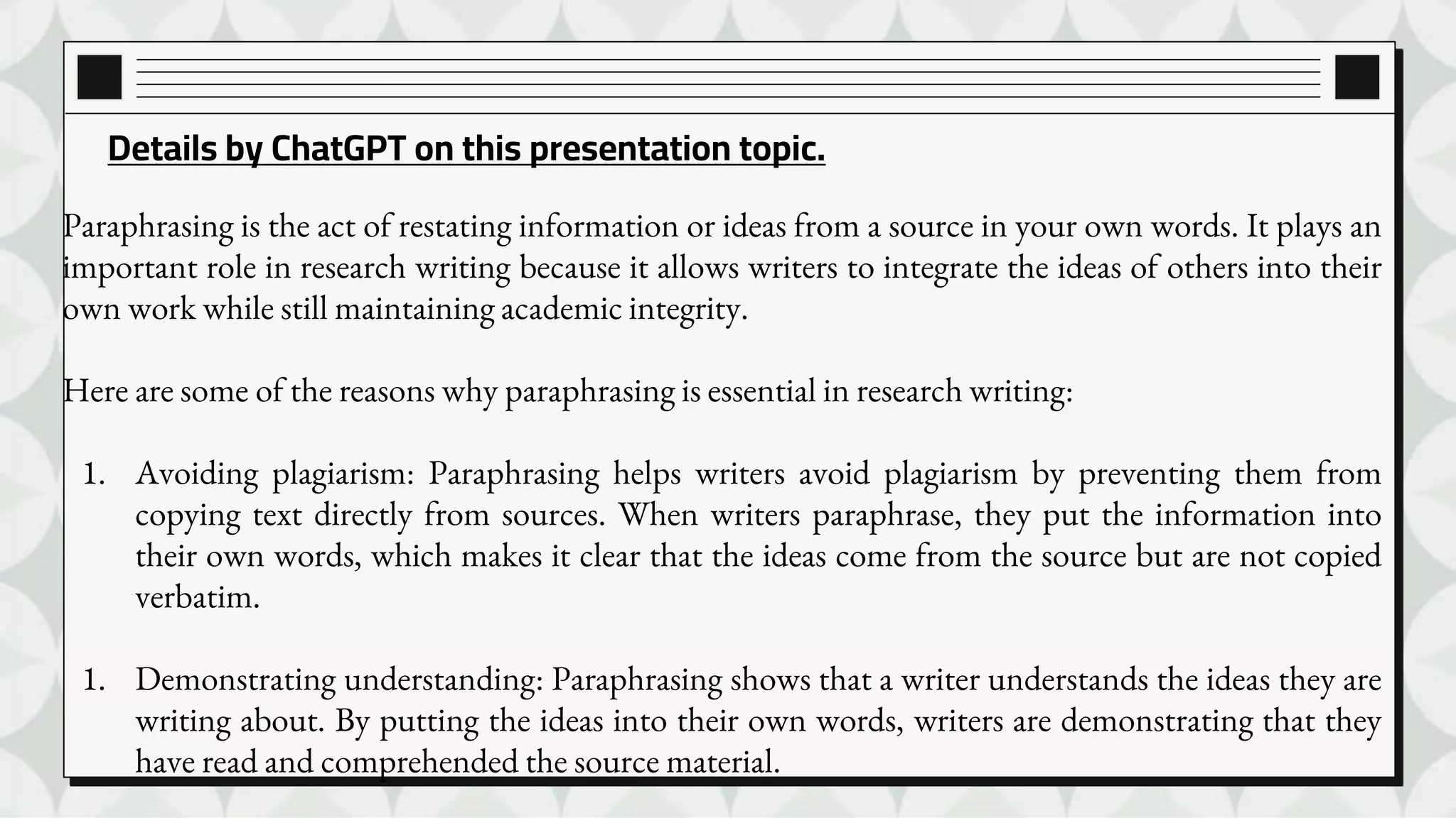 Role of Paraphrasing in Research Writing | PPT | Free Download