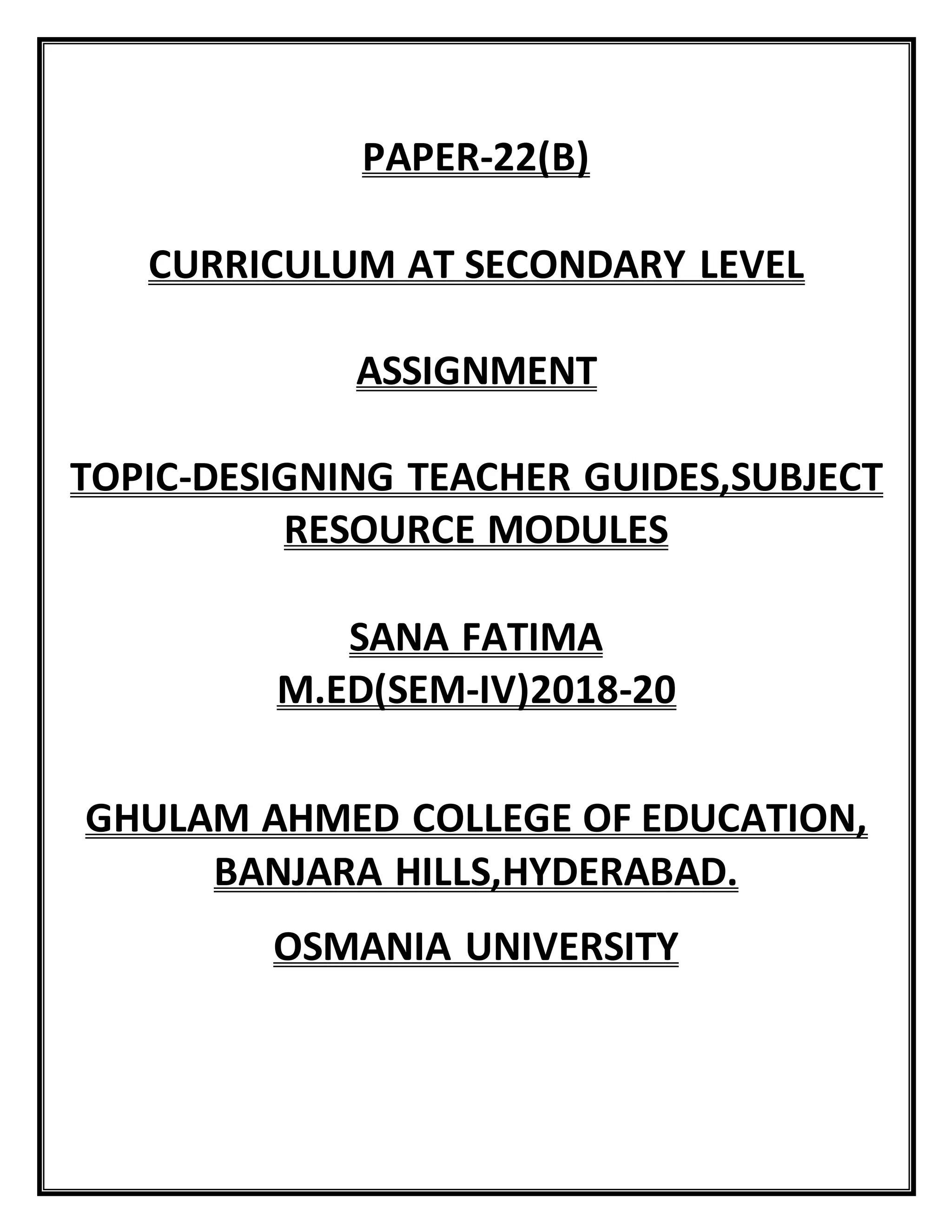 TEACHER SUPPORT CURRICULUM- DESIGNING TEACHER GUIDES, SUBJECT RESOURCE ...