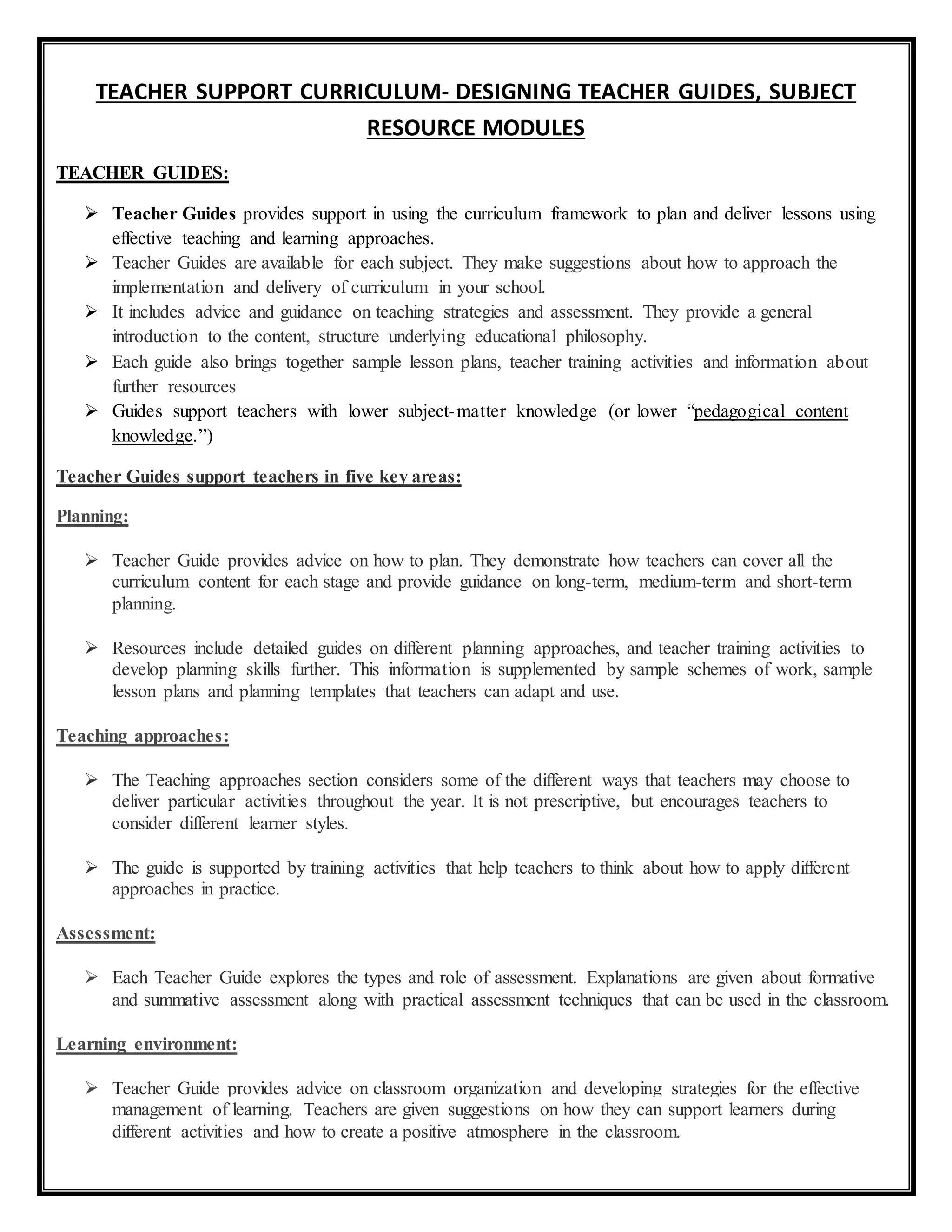 TEACHER SUPPORT CURRICULUM- DESIGNING TEACHER GUIDES, SUBJECT RESOURCE ...