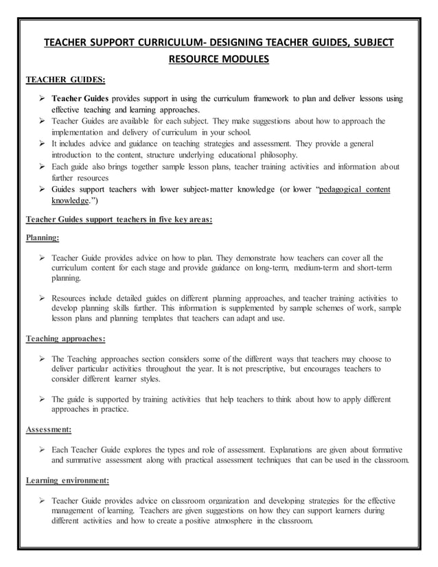 TEACHER SUPPORT CURRICULUM- DESIGNING TEACHER GUIDES, SUBJECT RESOURCE ...