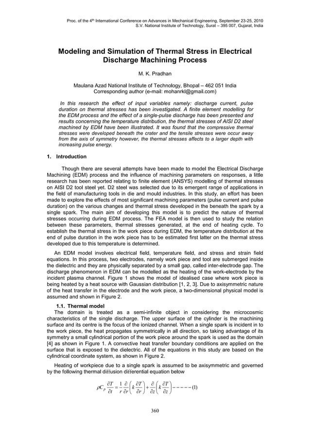 Modeling and Simulation of Thermal Stress in Electrical Discharge Machining Process | DOC