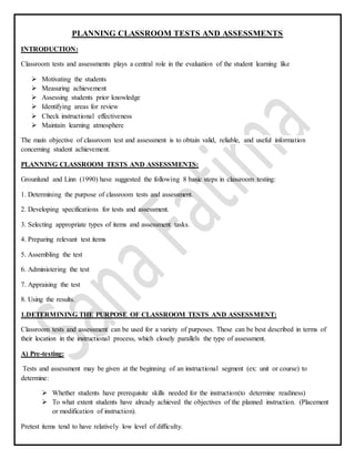 PLANNING CLASSROOM TESTS AND ASSESSMENTS | DOCX