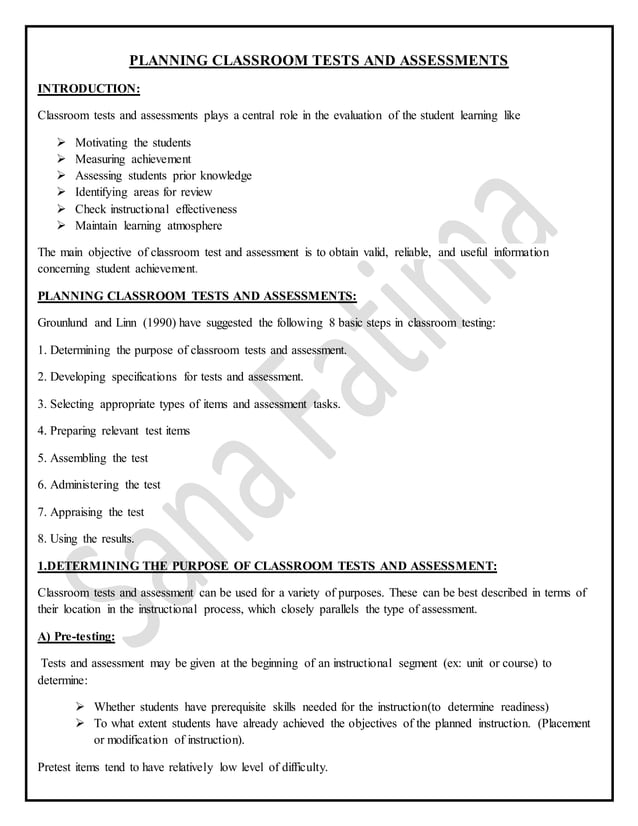 PLANNING CLASSROOM TESTS AND ASSESSMENTS | DOCX | Educational ...