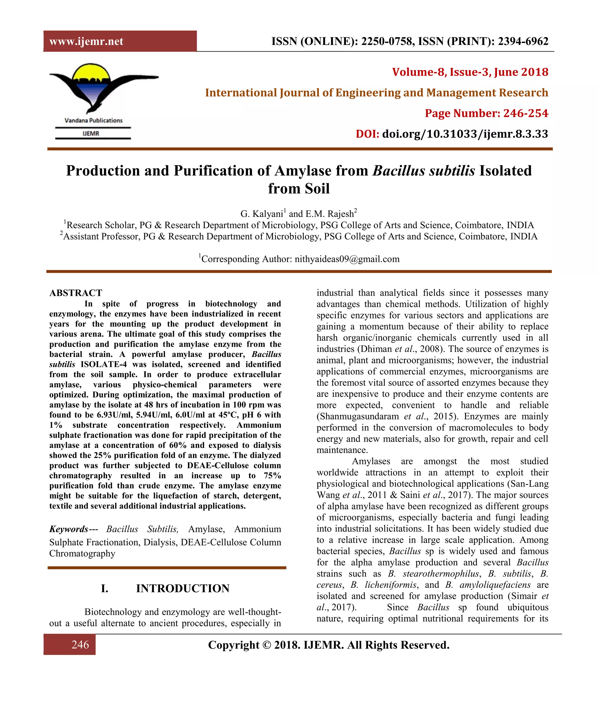 Production and Purification of Amylase from Bacillus subtilis Isolated from Soil | PDF