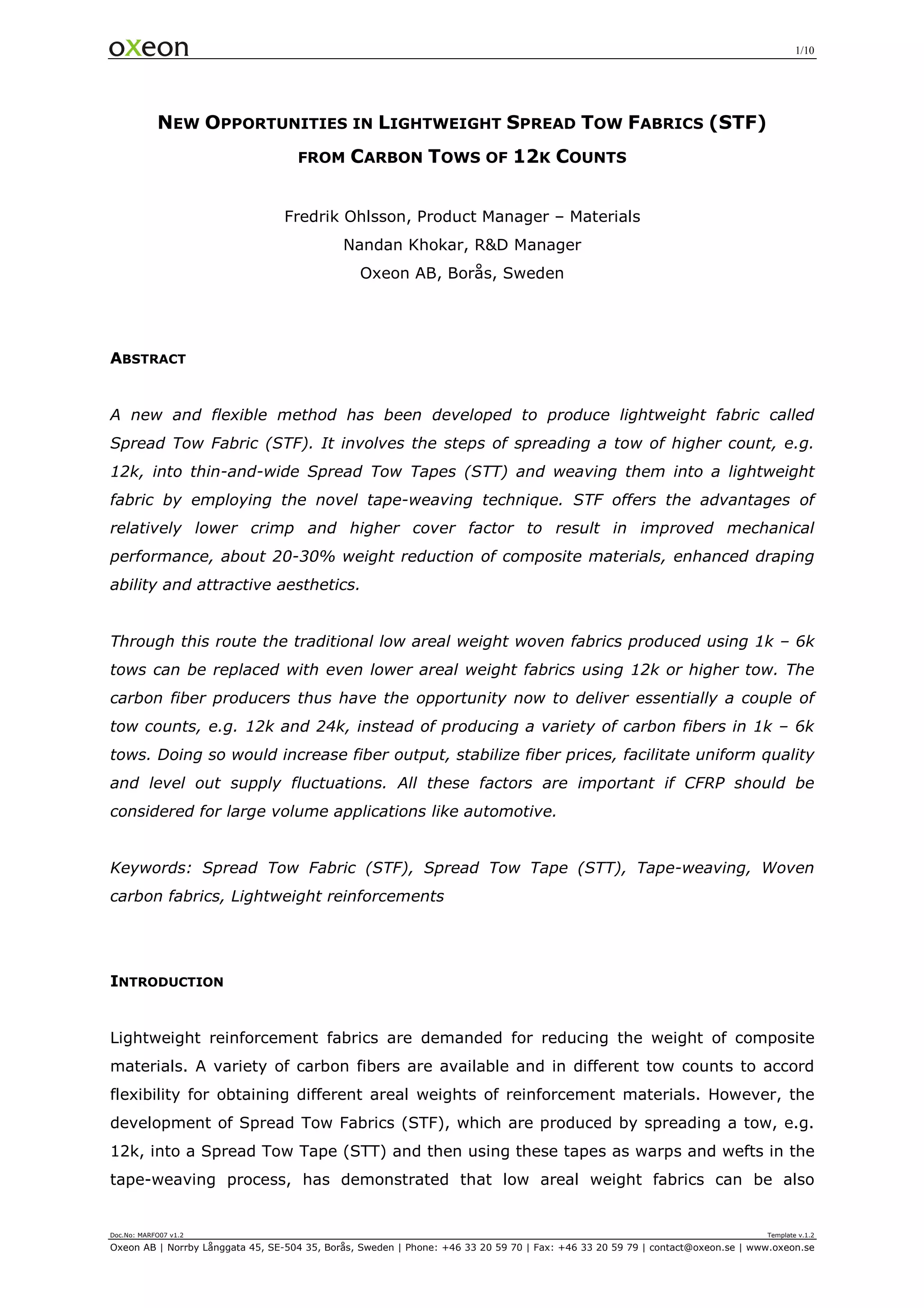 Paper - New opportunities in lightweight spread tow fabrics (STF) | PDF