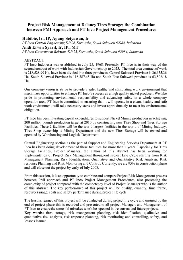 Project Risk Management at Delaney Tires Storage; the Combination between PMI Approach and PT ...