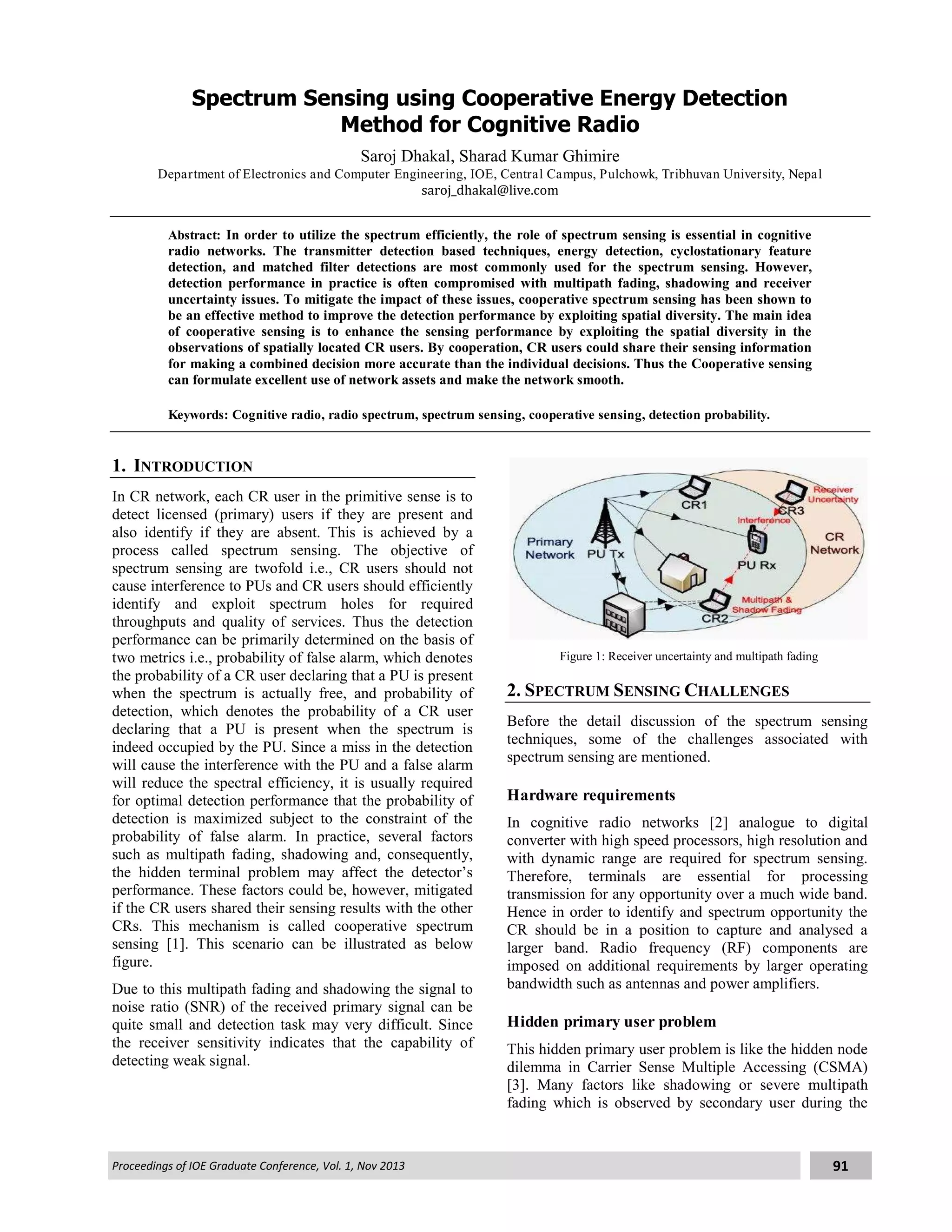 Spectrum Sensing using Cooperative Energy Detection Method for Cognitive Radio | PDF
