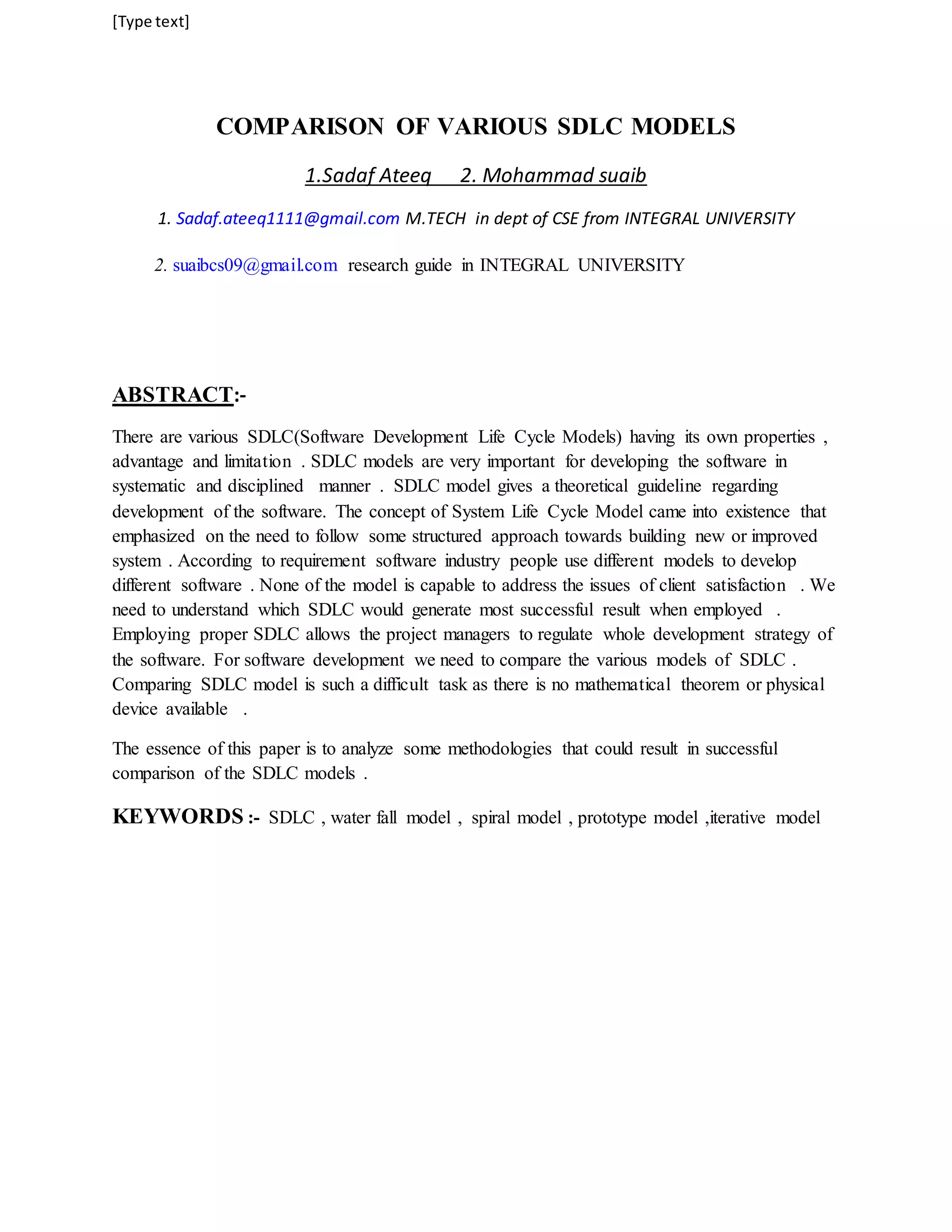 comparison of various sdlc models | DOCX