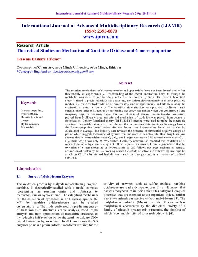 Theoretical Studies on Mechanism of Xanthine Oxidase and 6-mercaptopurine | PDF