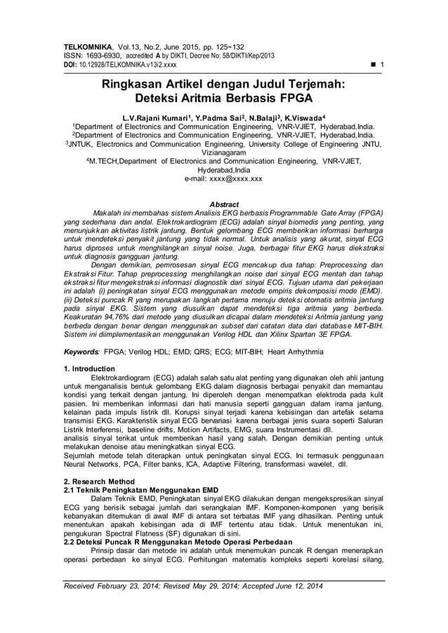 Ringkasan Artikel dari FPGA Based Arrhythmia Detection. | PDF