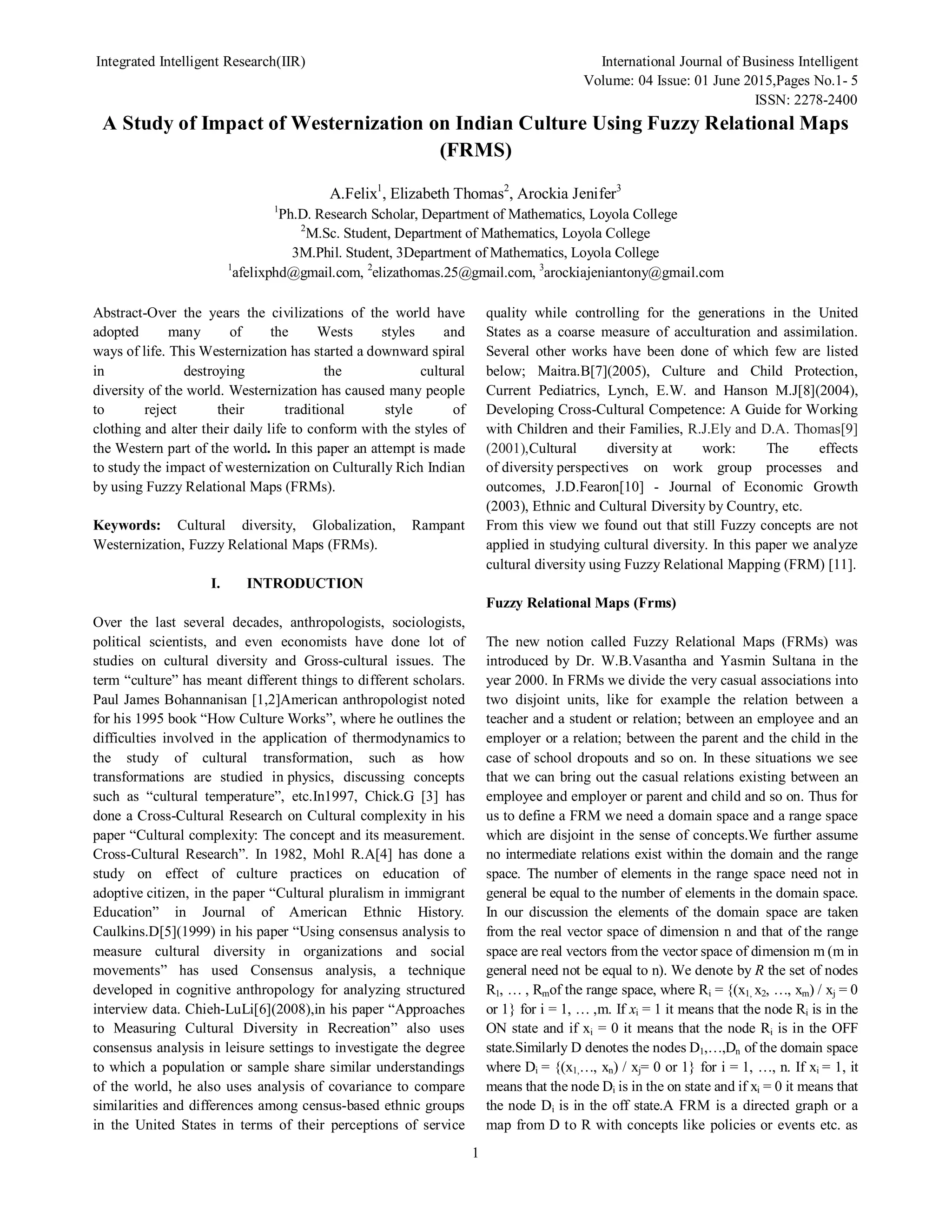 A Study of Impact of Westernization on Indian Culture Using Fuzzy Relational Maps (FRMS) | PDF
