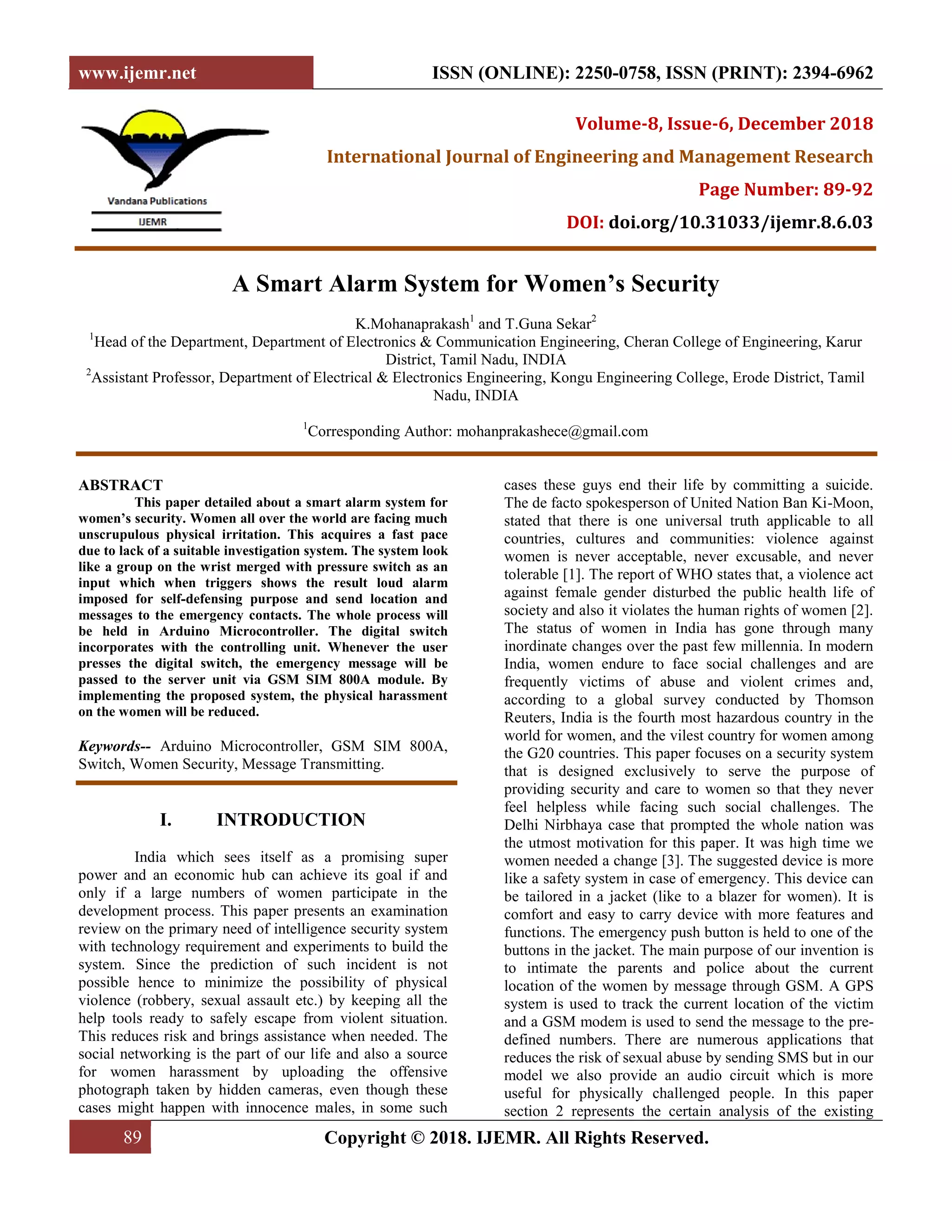 A Smart Alarm System for Women’s Security | PDF