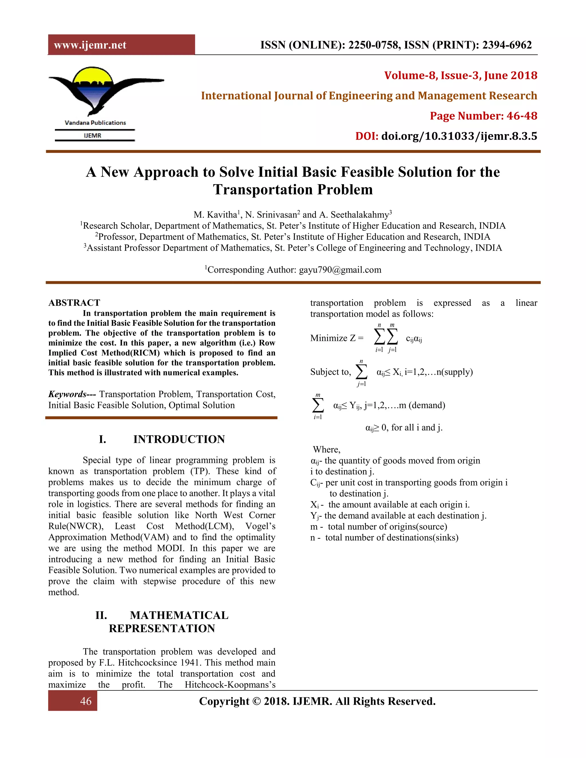 A New Approach to Solve Initial Basic Feasible Solution for the Transportation Problem | PDF