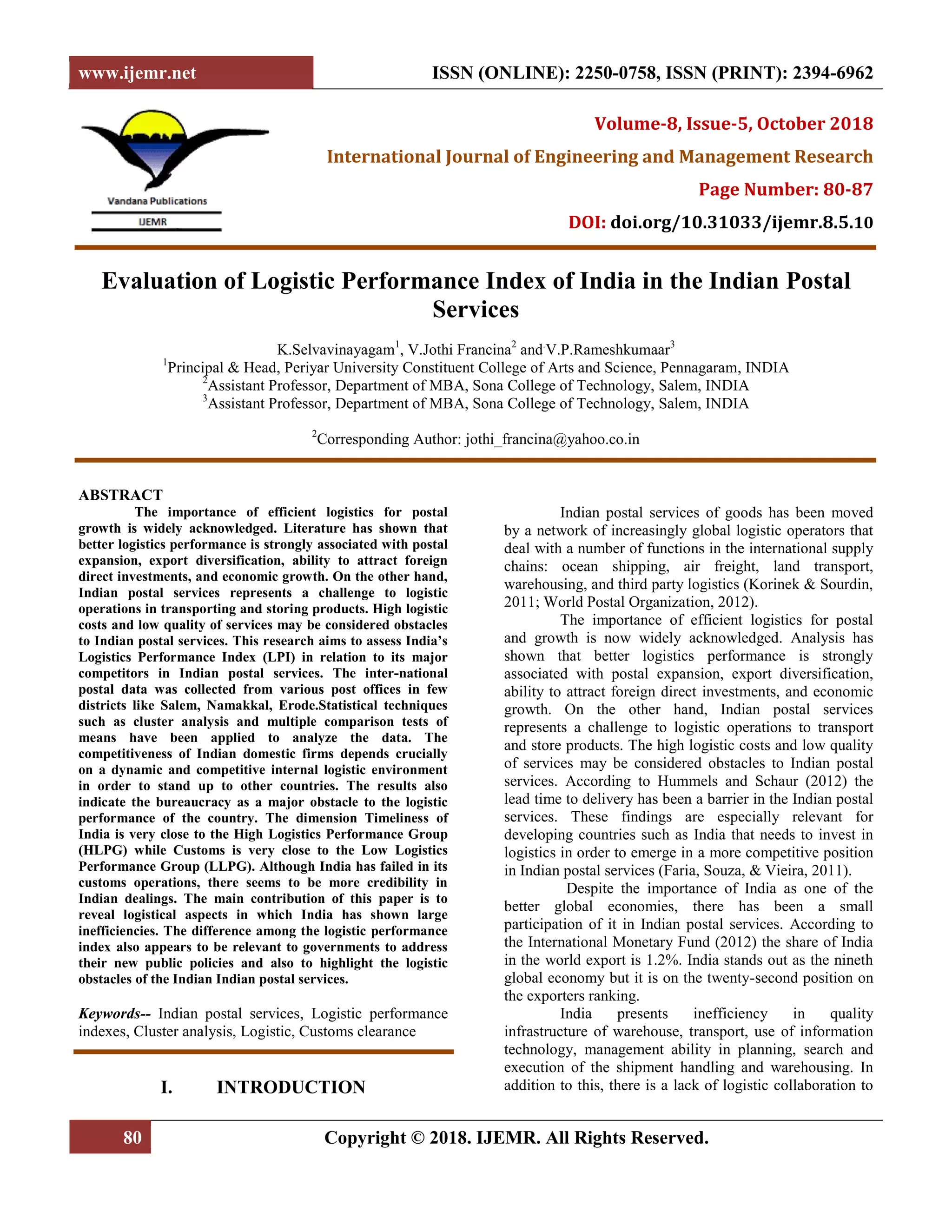 Evaluation of Logistic Performance Index of India in the Indian Postal ...