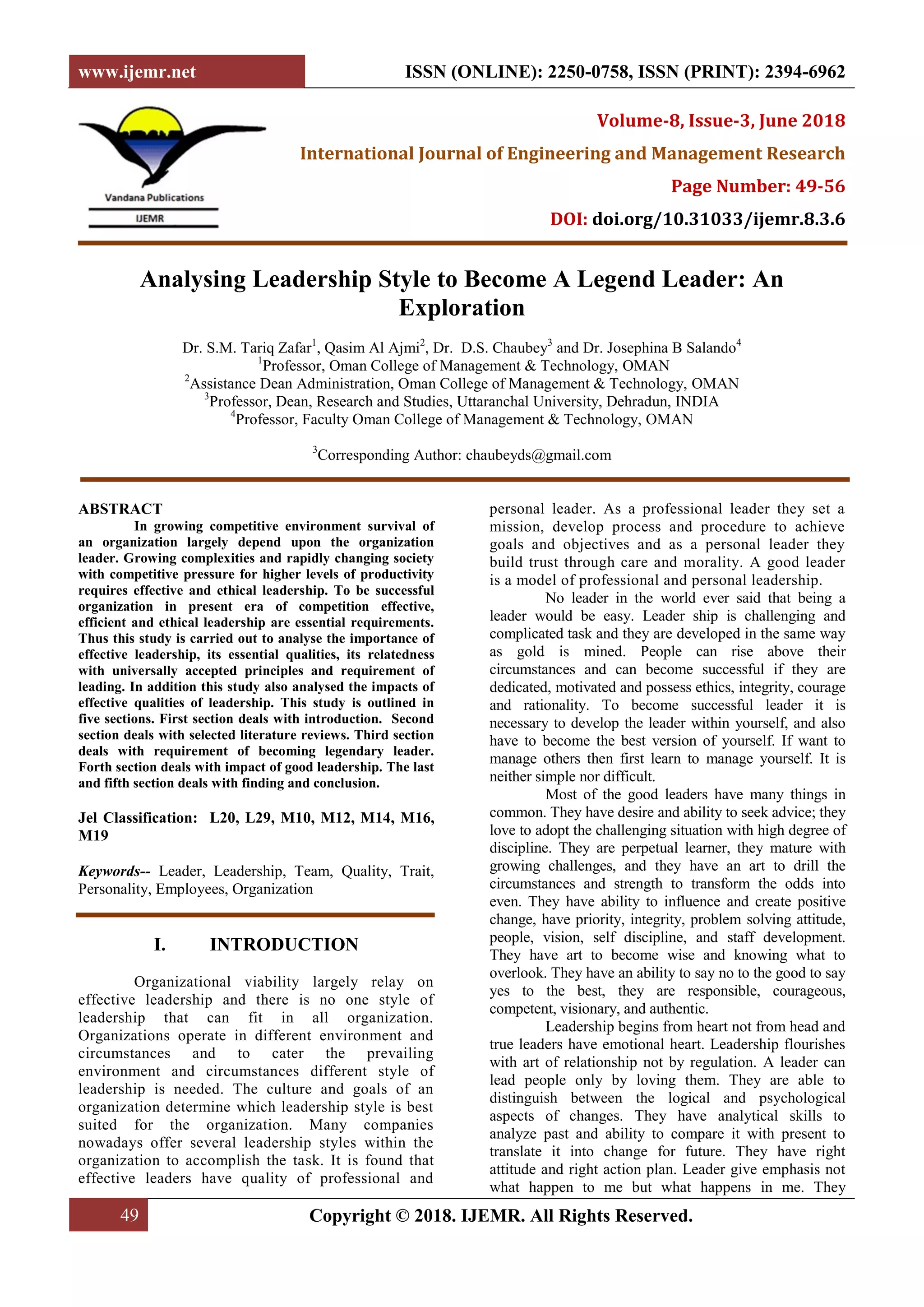 Analysing Leadership Style to Become A Legend Leader: An Exploration | PDF | Executive ...
