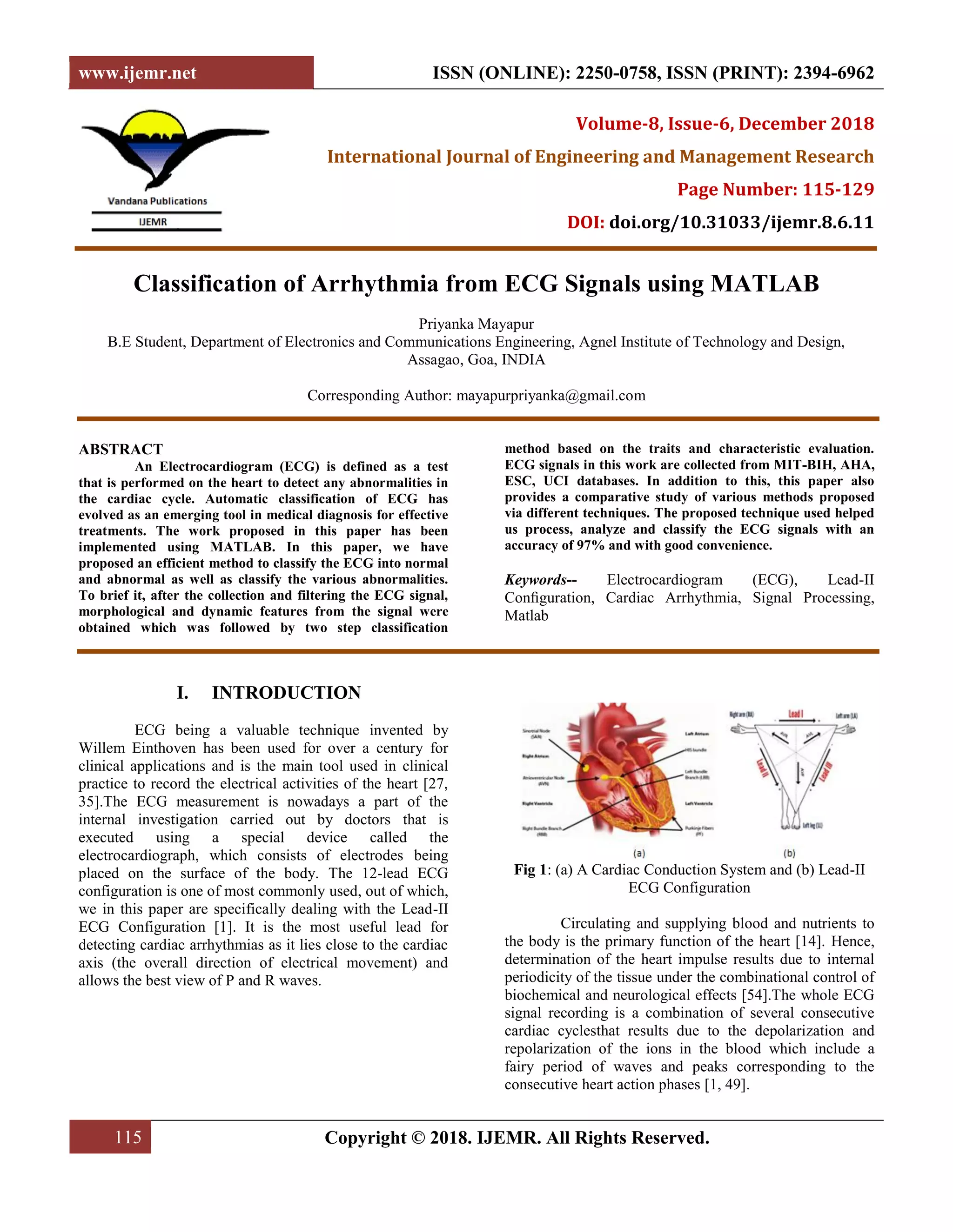 Classification Of Arrhythmia From Ecg Signals Using Matlab Pdf