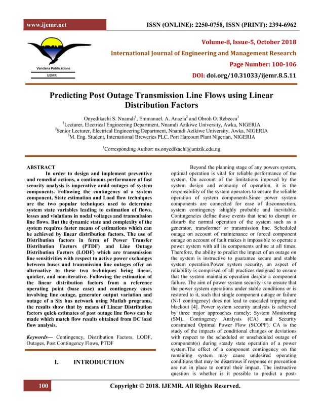 Predicting Post Outage Transmission Line Flows using Linear Distribution Factors | PDF