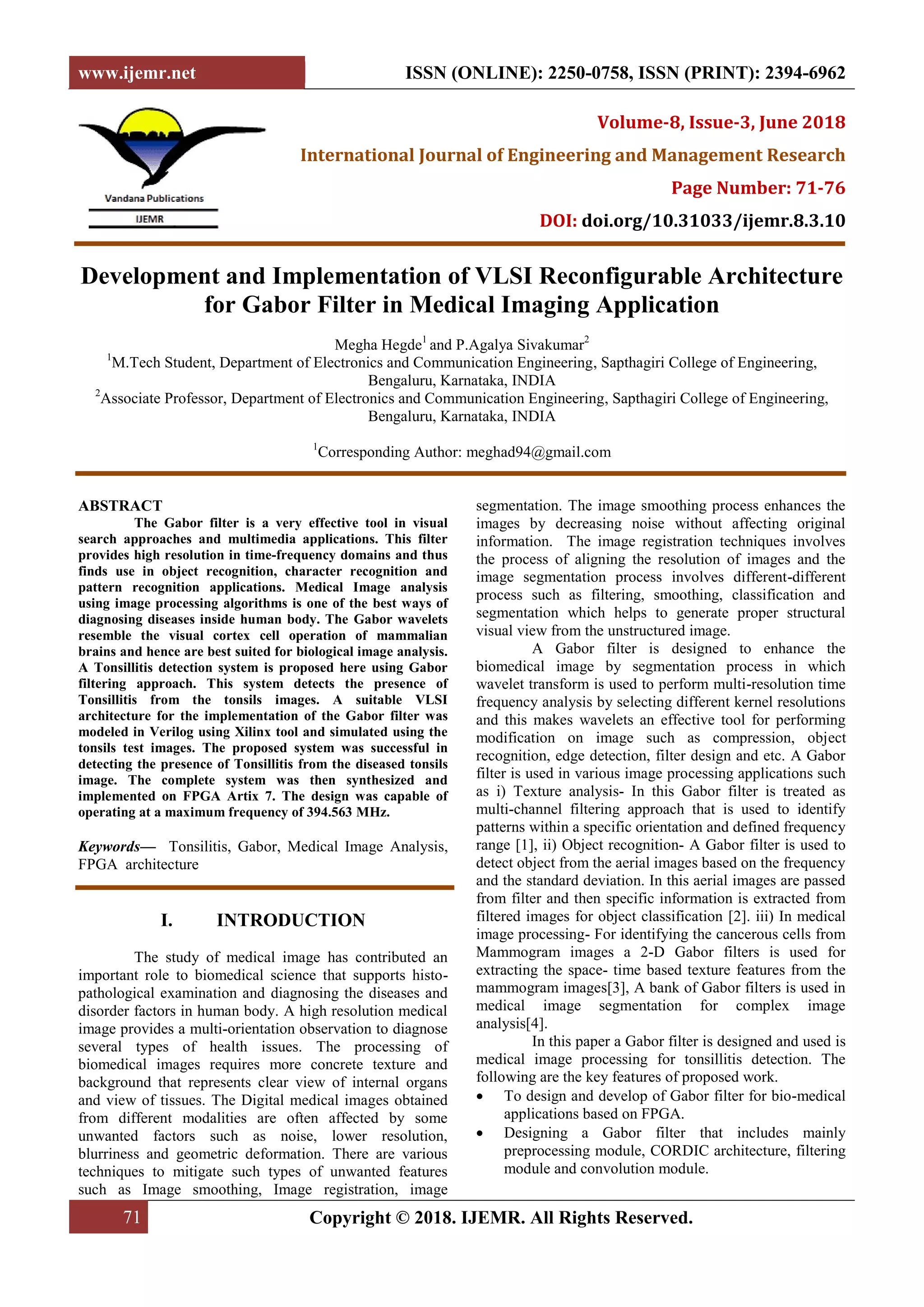 Development and Implementation of VLSI Reconfigurable Architecture for Gabor Filter in Medical ...