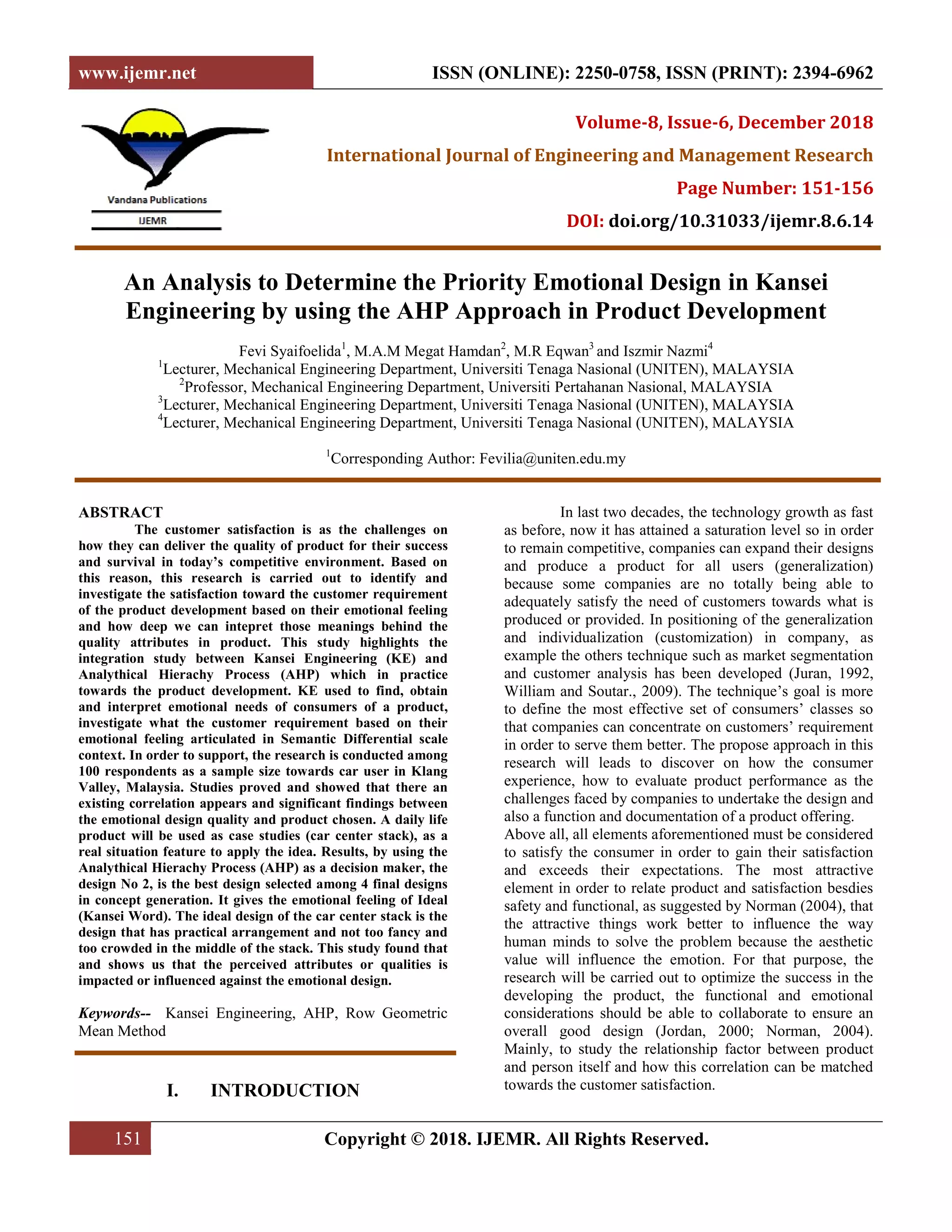 An Analysis to Determine the Priority Emotional Design in Kansei Engineering by using the AHP ...