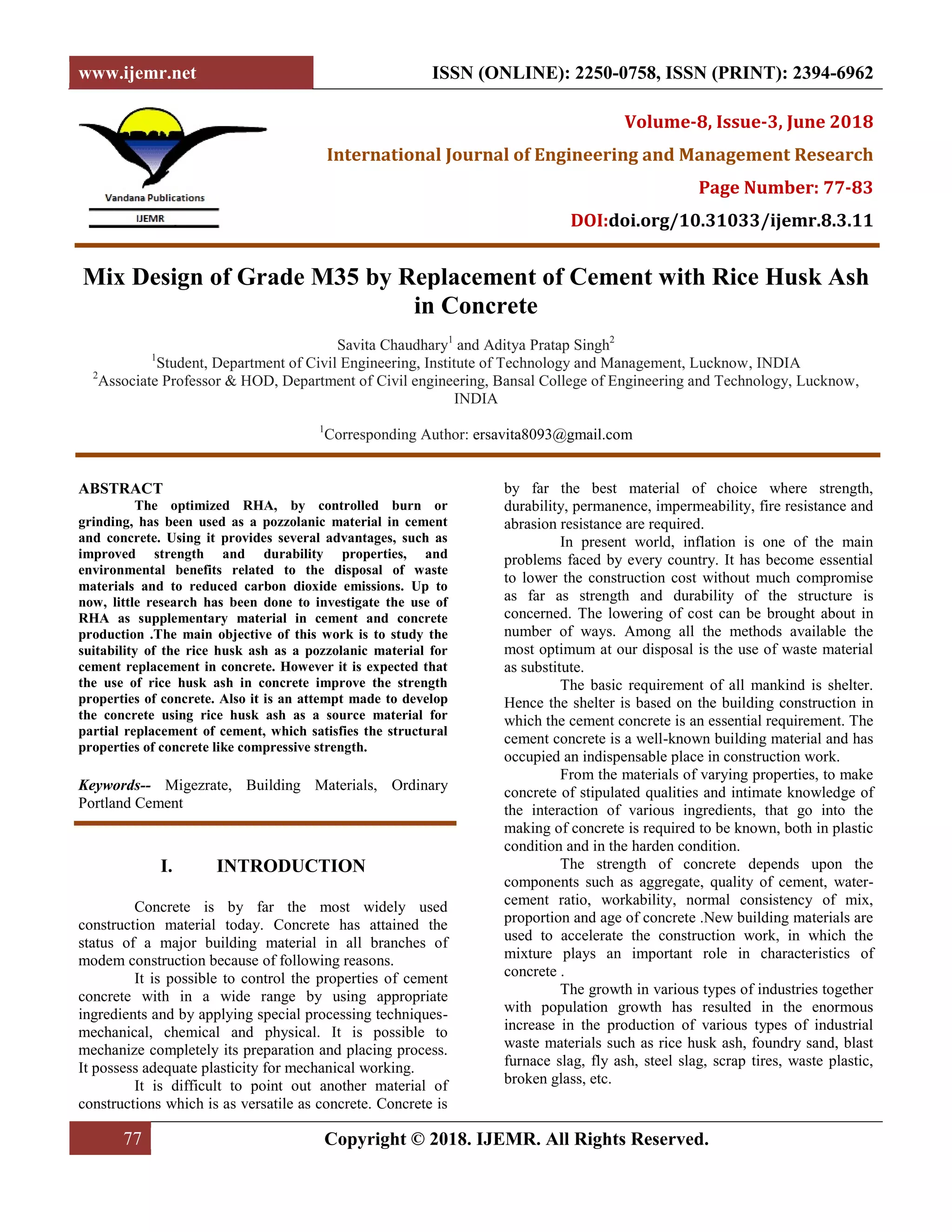 Mix Design of Grade M35 by Replacement of Cement with Rice Husk Ash in ...