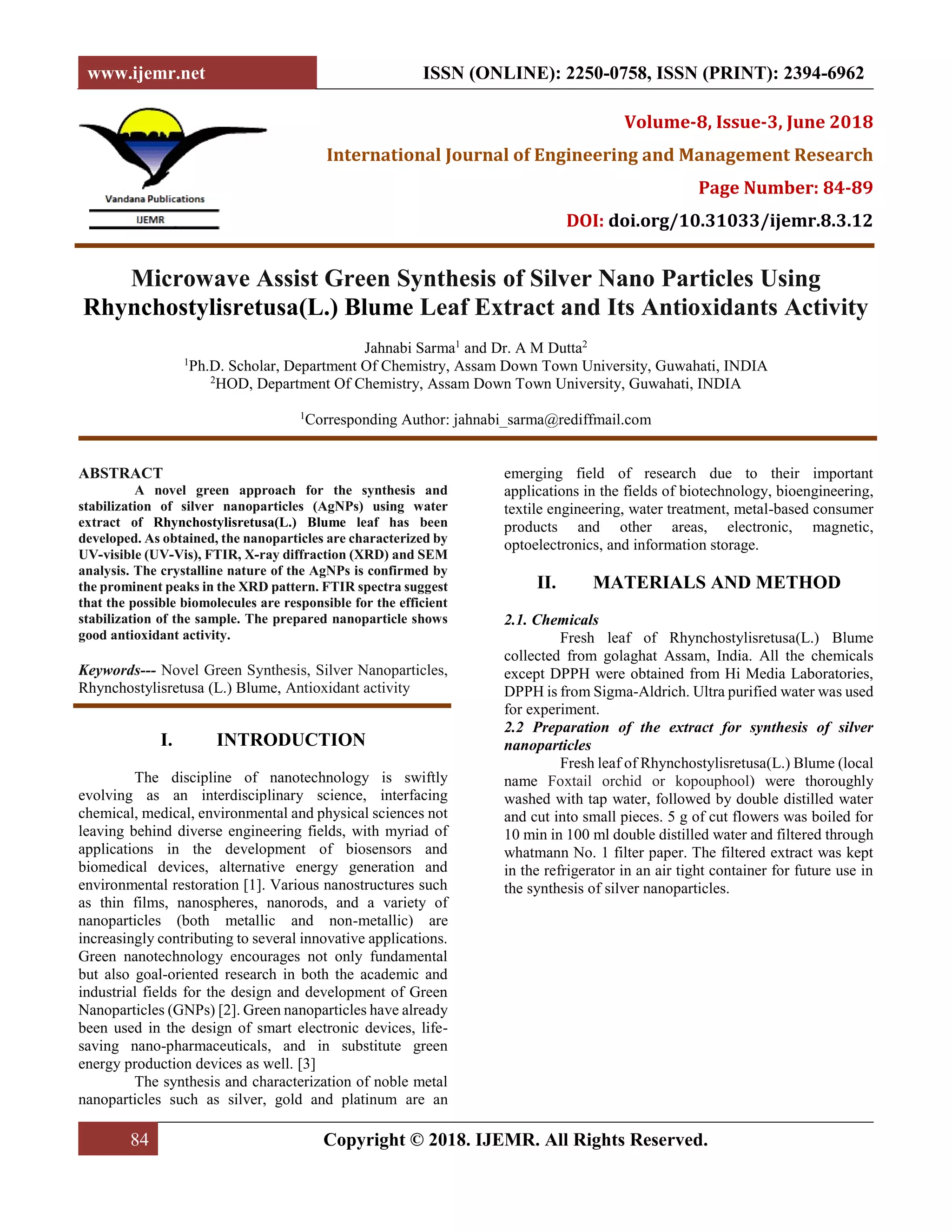 Microwave Assist Green Synthesis of Silver Nano Particles Using Rhynchostylisretusa(L.) Blume ...