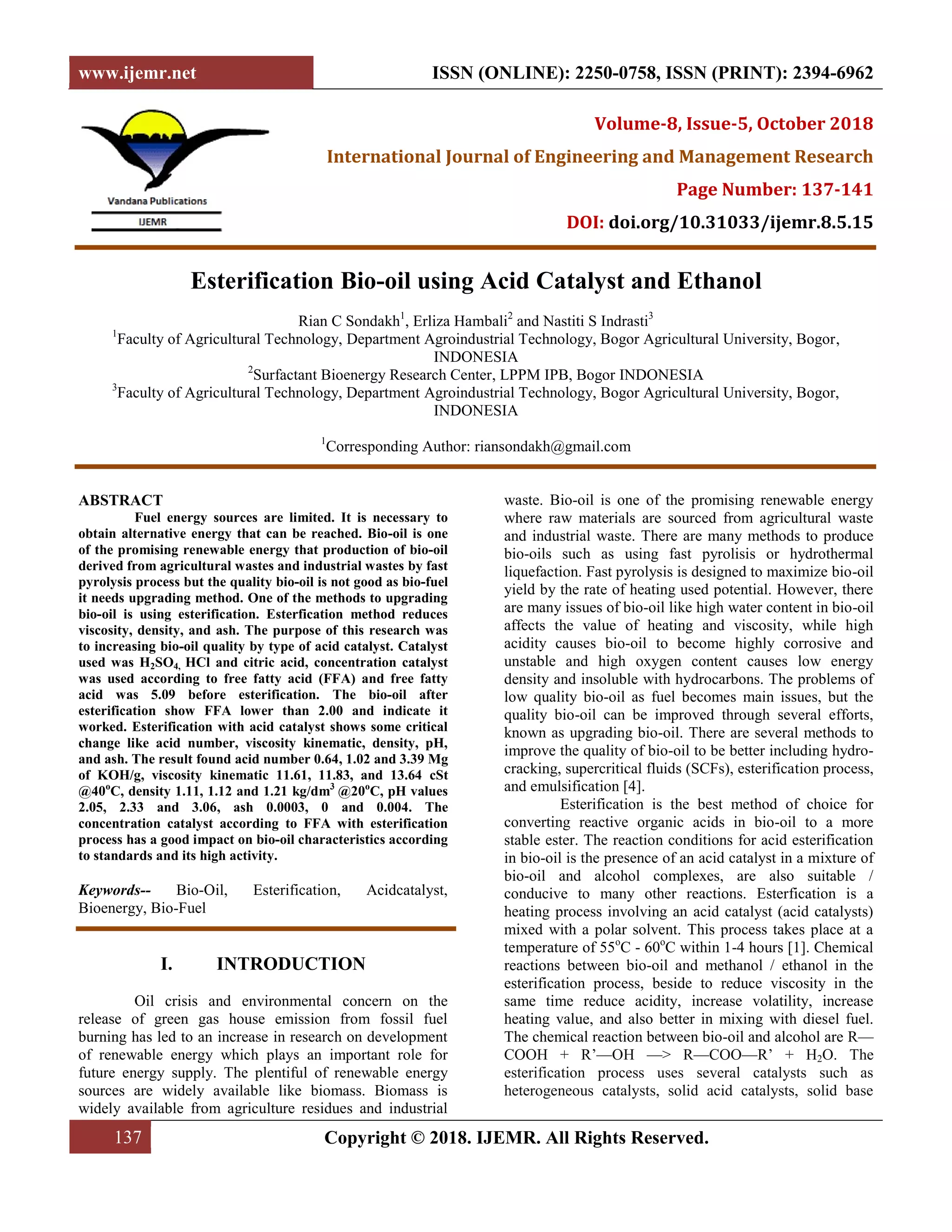 Esterification Bio-oil using Acid Catalyst and Ethanol | PDF