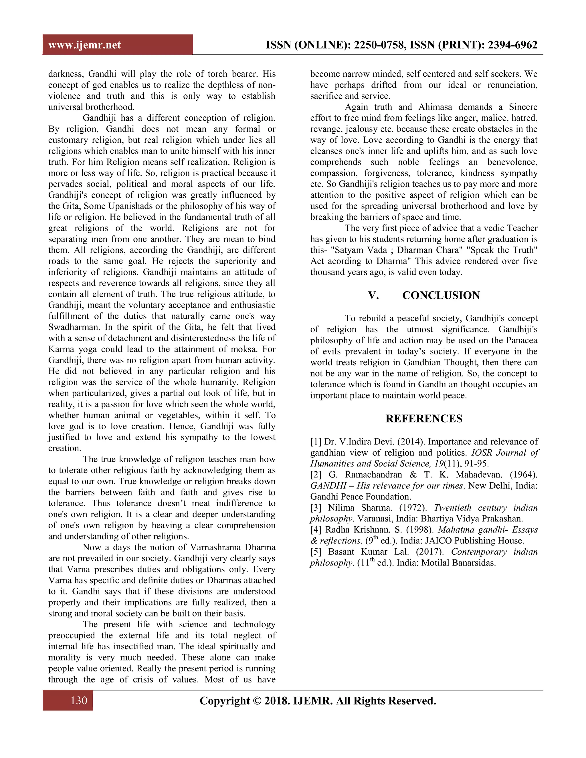 Gandhiji's Concept of Religion and its Relevance in Present Society | PDF