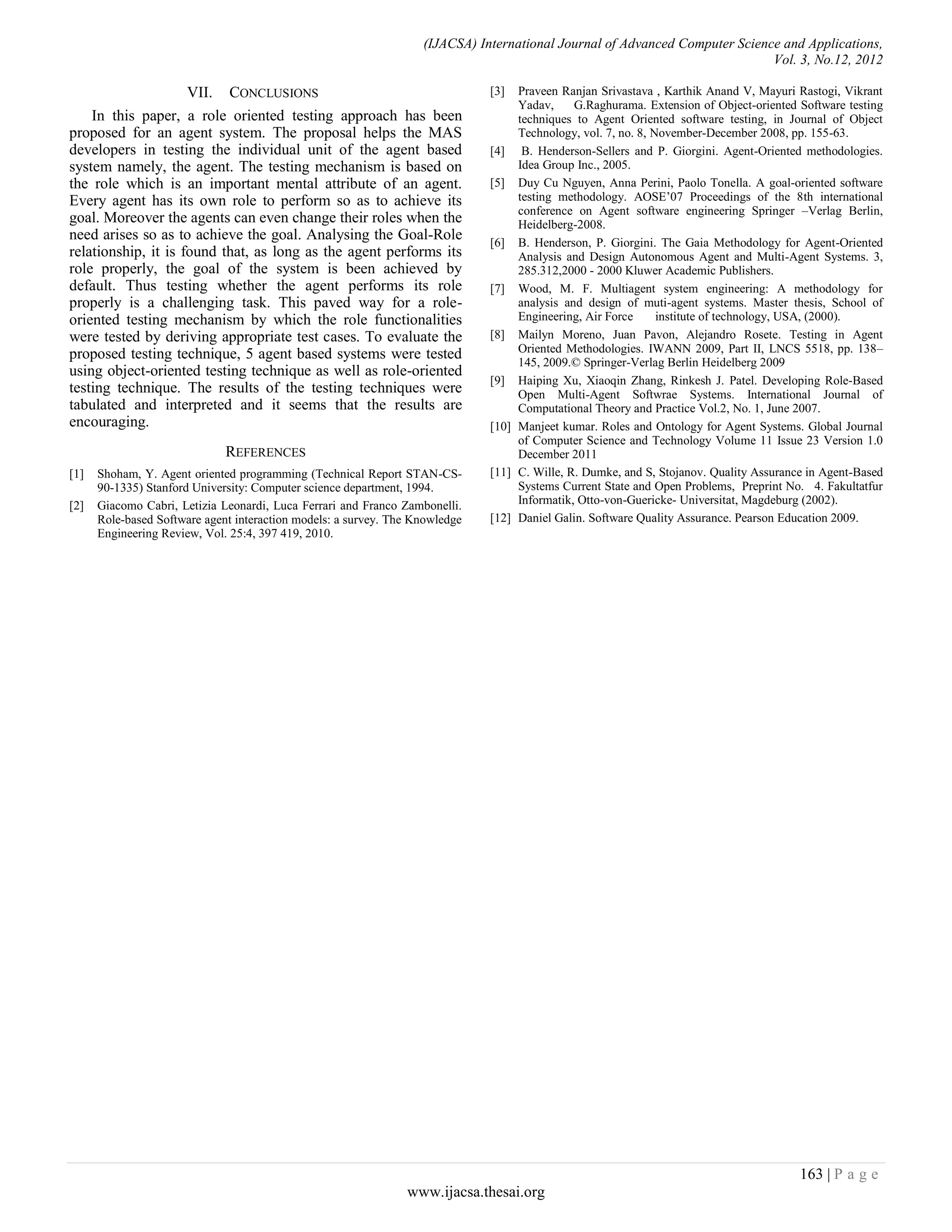 Paper 25 Agent Orientedsoftwaretestingroleorientedapproach Pdf
