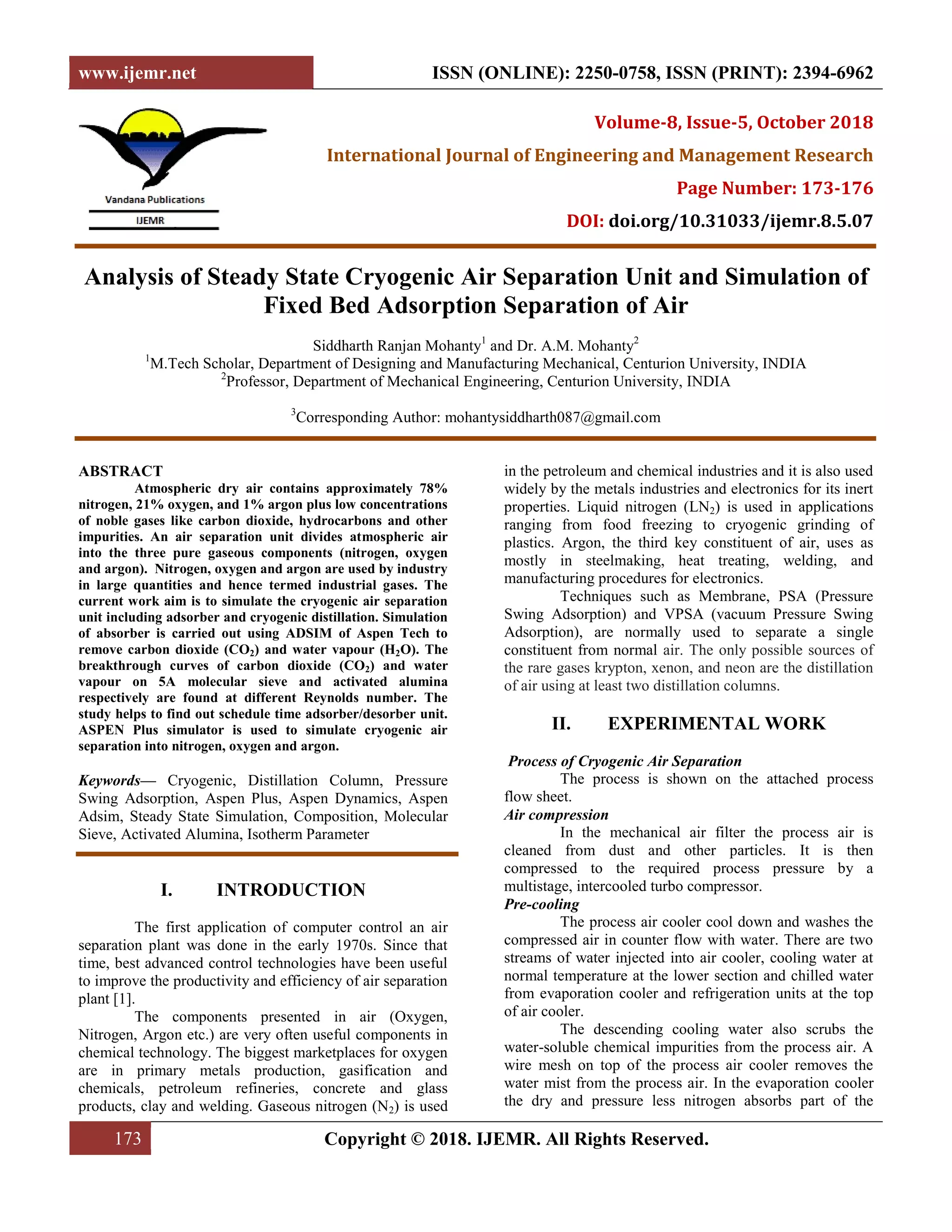 Analysis of Steady State Cryogenic Air Separation Unit and Simulation ...