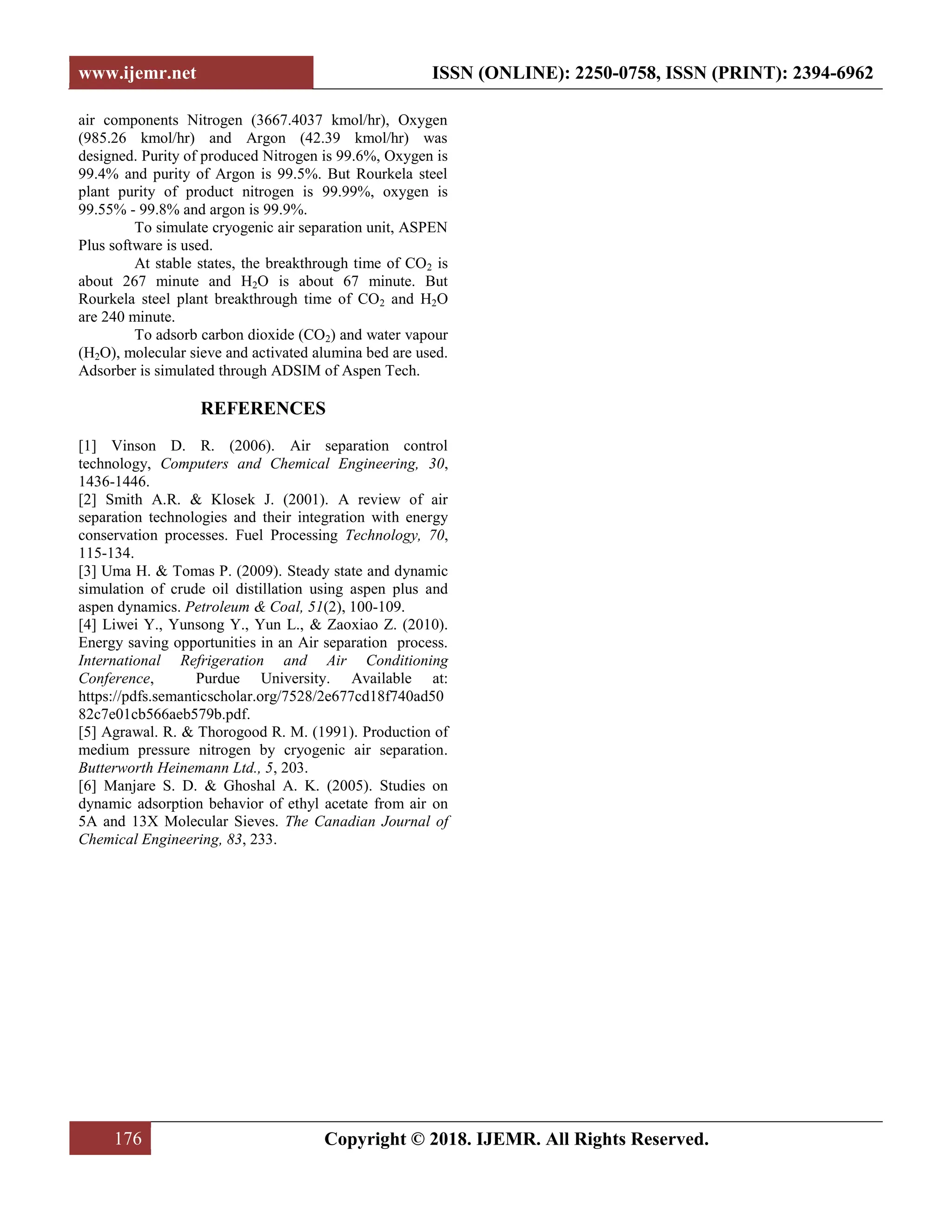 Analysis of Steady State Cryogenic Air Separation Unit and Simulation ...