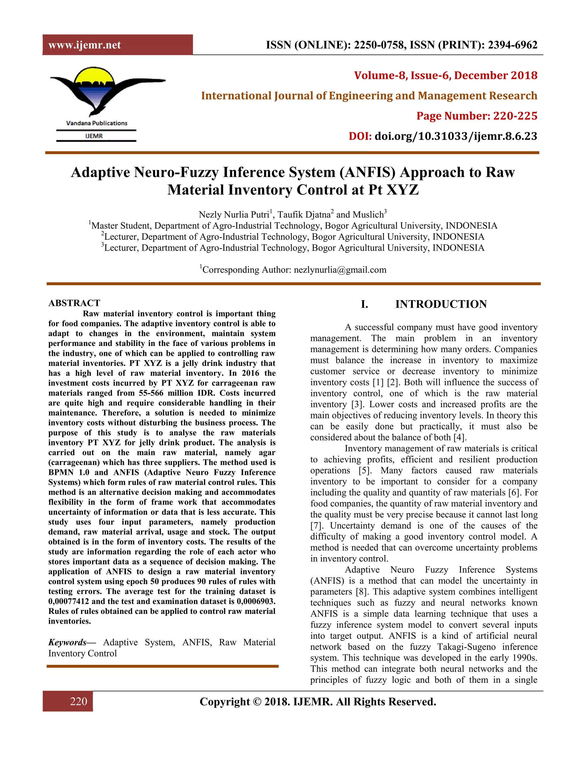 Adaptive Neuro-Fuzzy Inference System (ANFIS) Approach to Raw Material Inventory Control at Pt ...