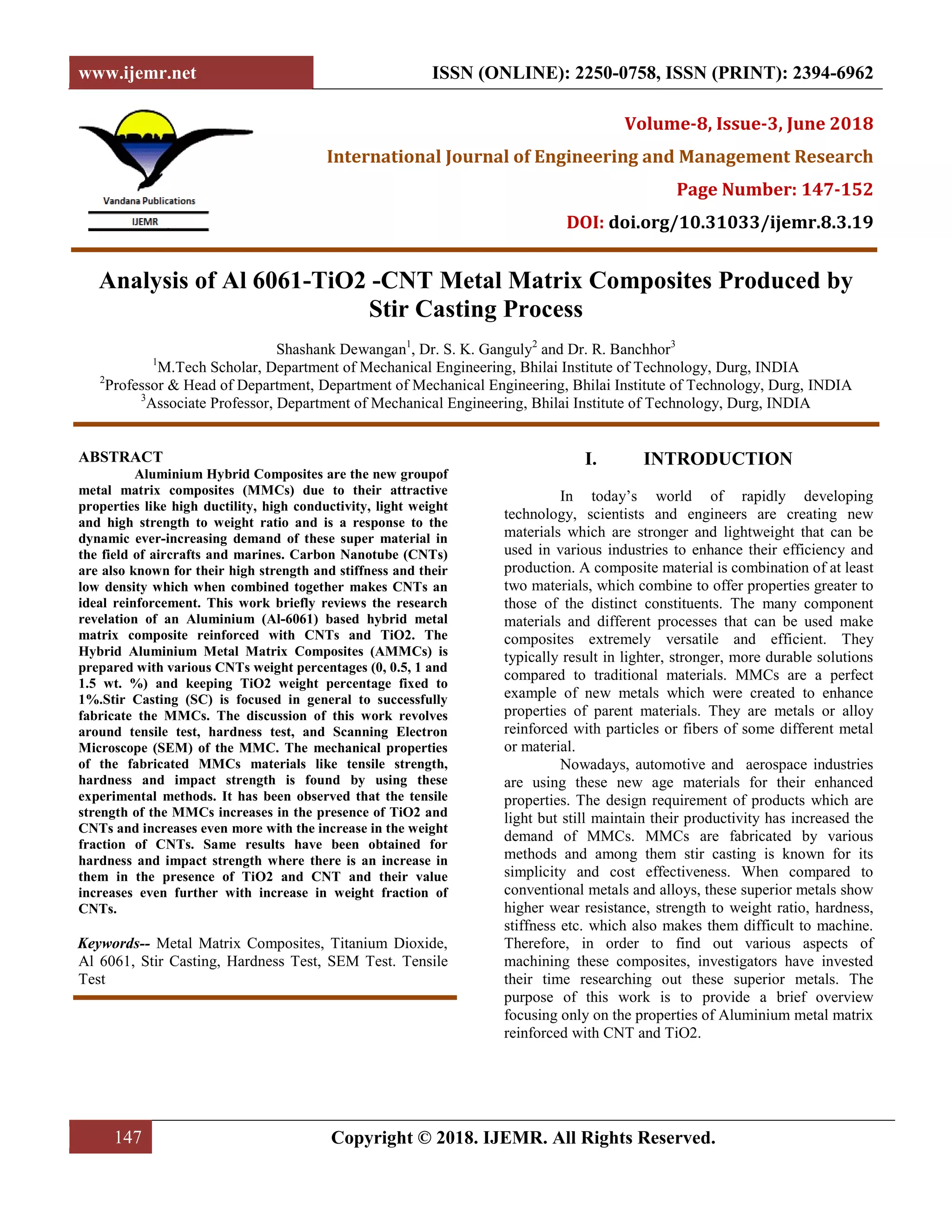 Analysis of Al 6061-TiO2 -CNT Metal Matrix Composites Produced by Stir ...