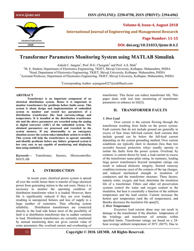 Transformer Parameters Monitoring System Using Matlab Simulink Pdf