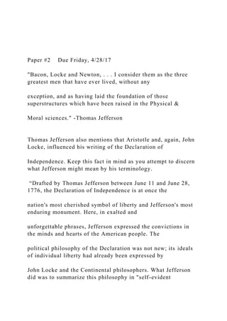 Paper #2 Due Friday, 42817 Bacon, Locke and Newton, .docx