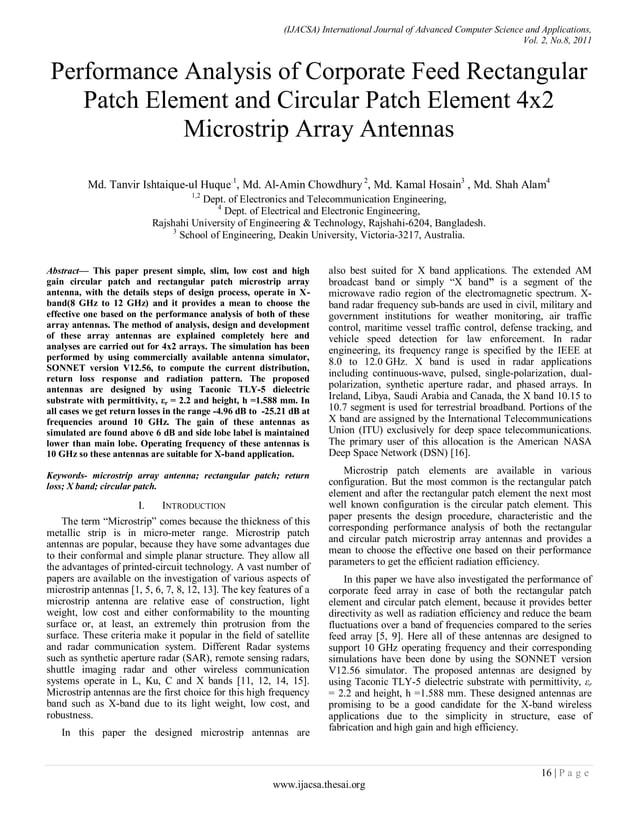 Performance Analysis of Corporate Feed Rectangular Patch Element and Circular Patch Element 4x2 ...