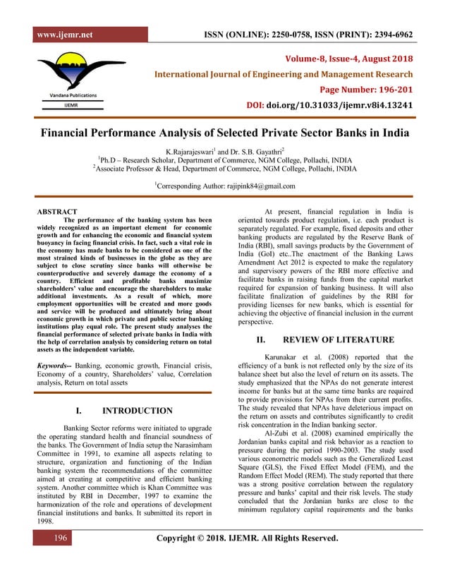 Financial Performance Analysis of Selected Private Sector Banks in India | PDF