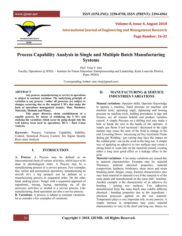 Process Capability Analysis in Single and Multiple Batch Manufacturing ...