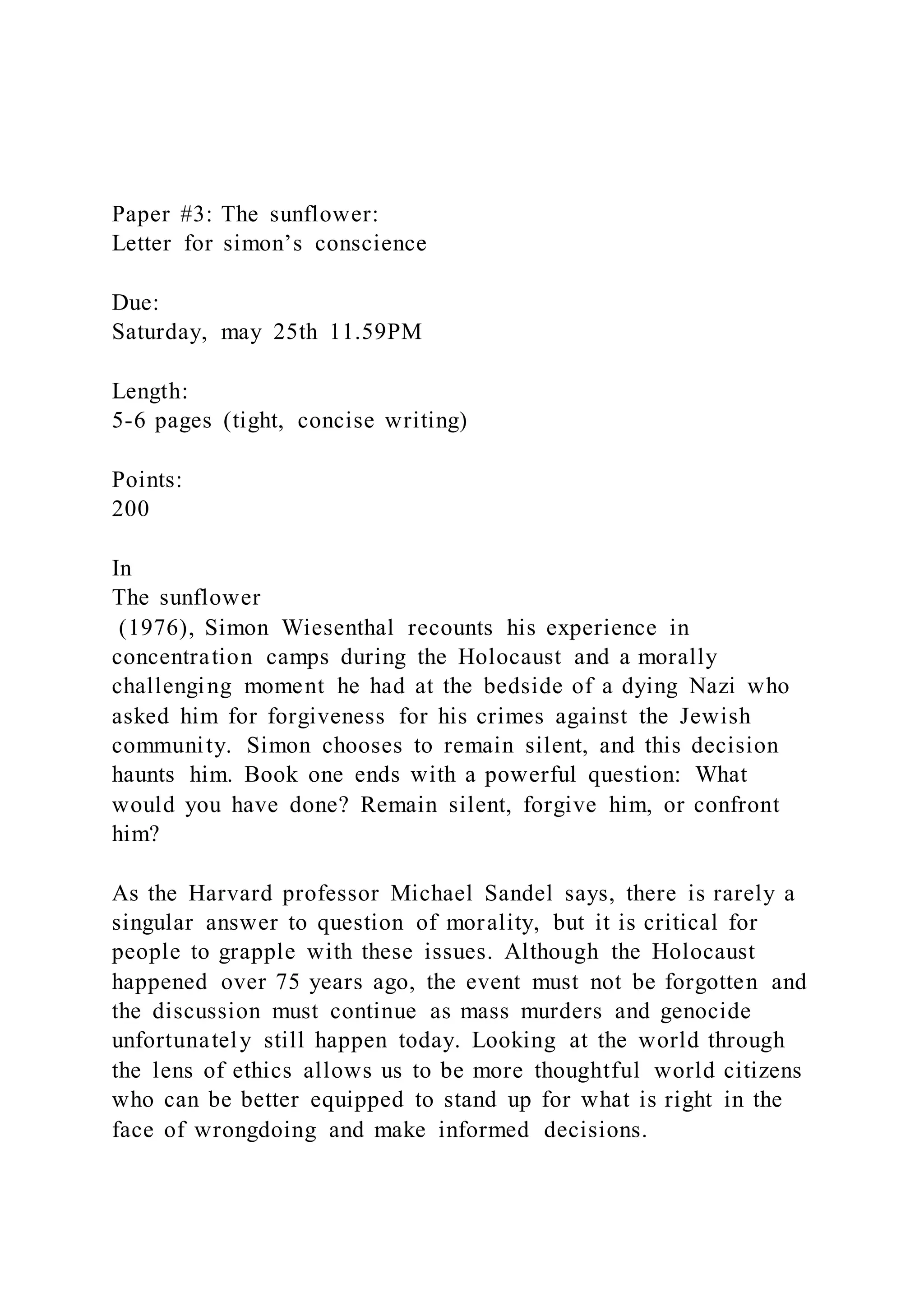 Paper #3 The sunflower Letter for simon’s conscienceDue | DOCX | Death ...