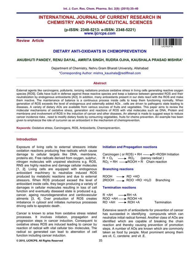 DIETARY ANTI-OXIDANTS IN CHEMOPREVENTION | PDF | Cancer | Diseases and ...