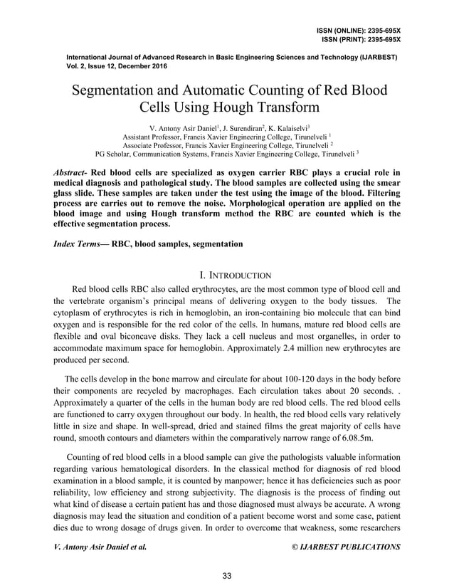 Segmentation and Automatic Counting of Red Blood Cells Using Hough Transform | PDF