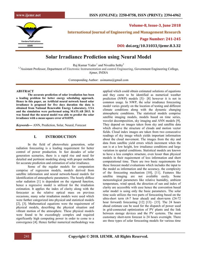 Solar Irradiance Prediction using Neural Model | PDF